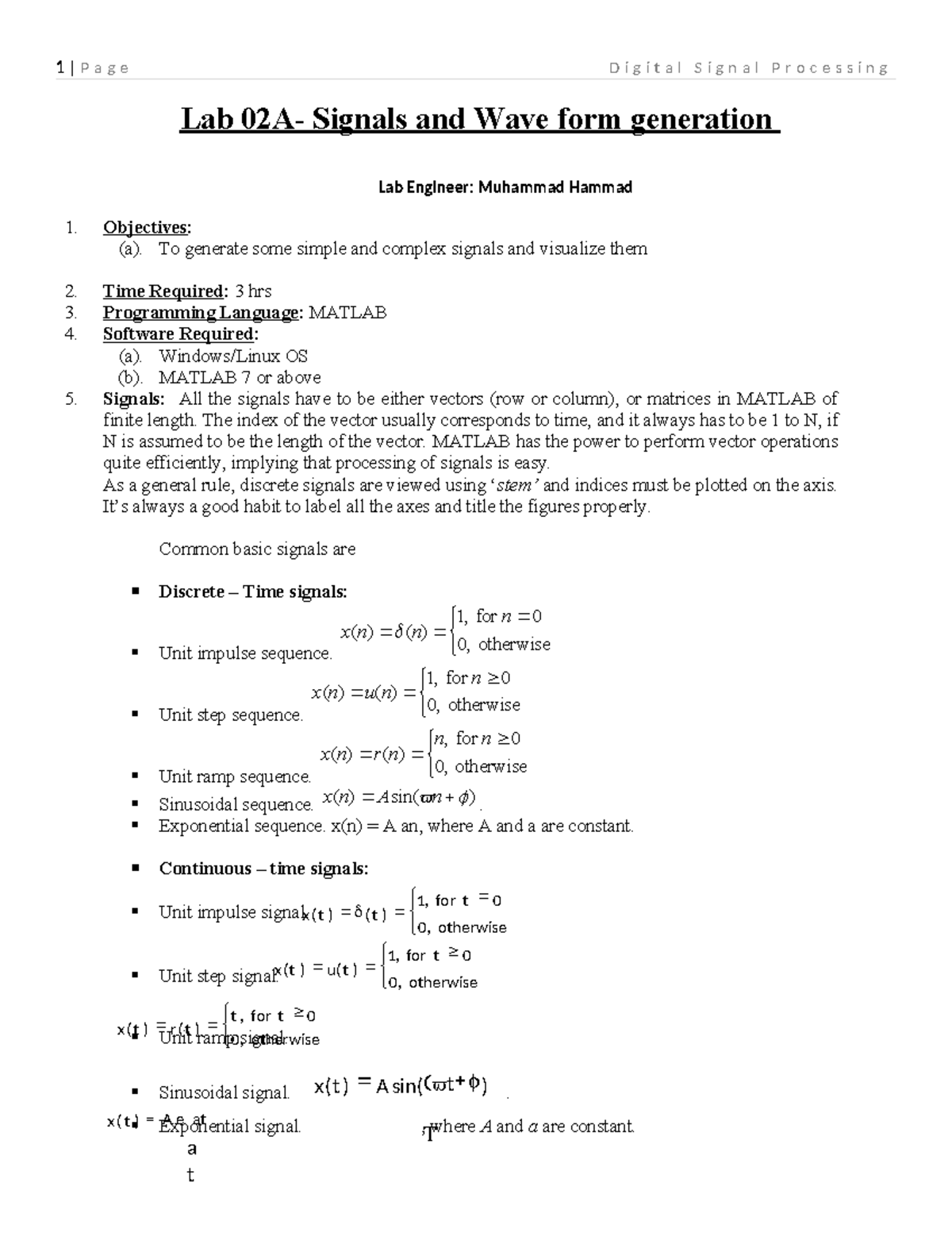 Lab 02A - Signal generation - x t t t ( ) ( ) , 1 0 0 for , otherwise x ...