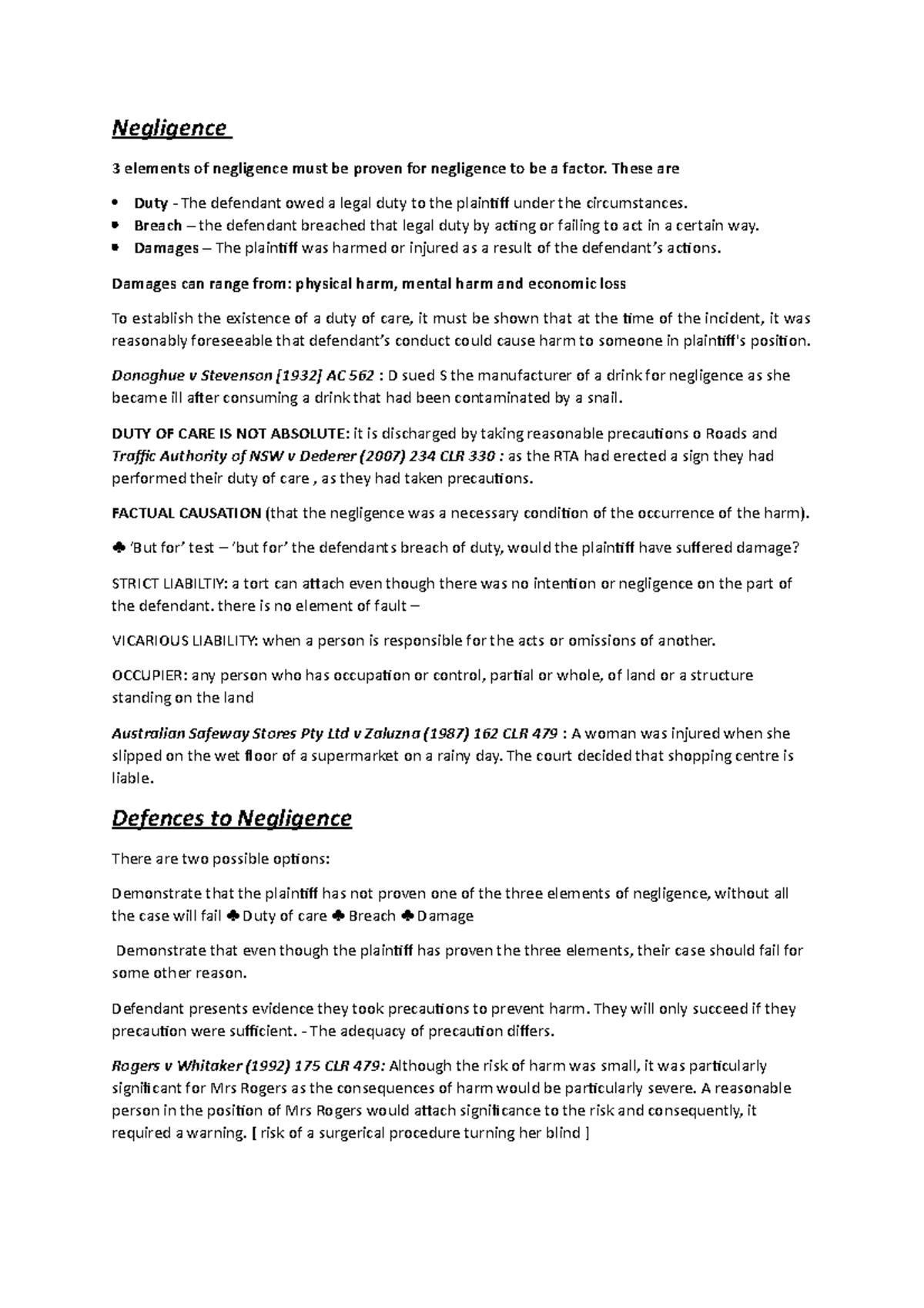 Quick Negligence Summary - Negligence 3 elements of negligence must be ...