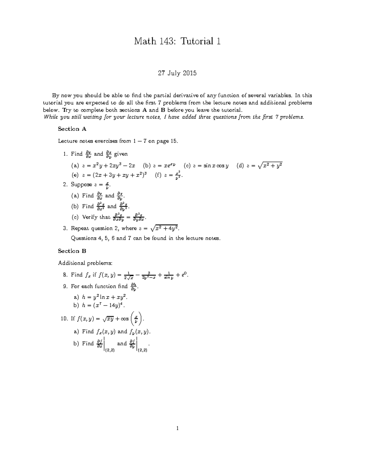 Tut1 27 Jul 2015 - Mathematics 143 - Math 143: Tutorial 1 27 July 2015 By now you should be able ...