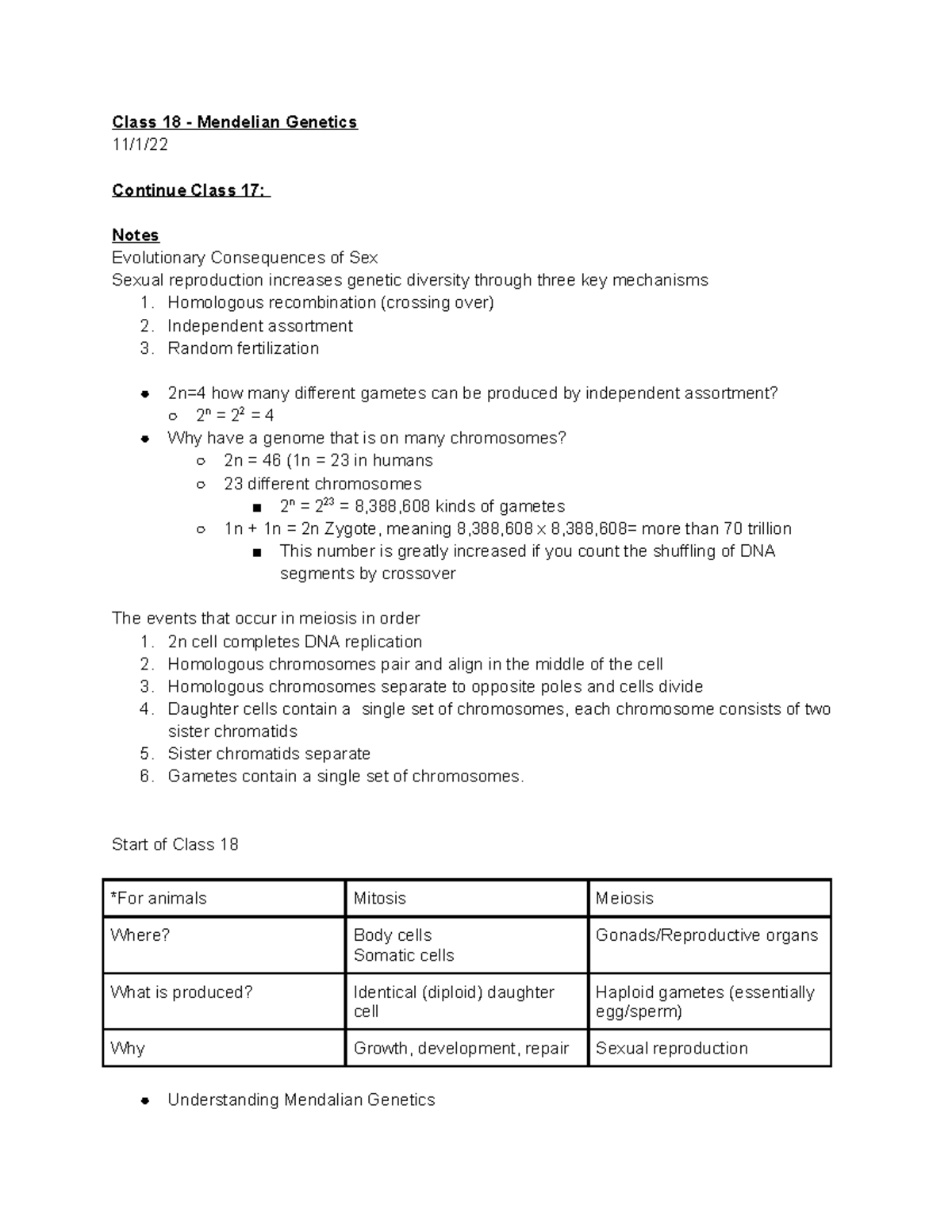 Class 18 - Mendelian Genetics - Class 18 - Mendelian Genetics 11/1 ...
