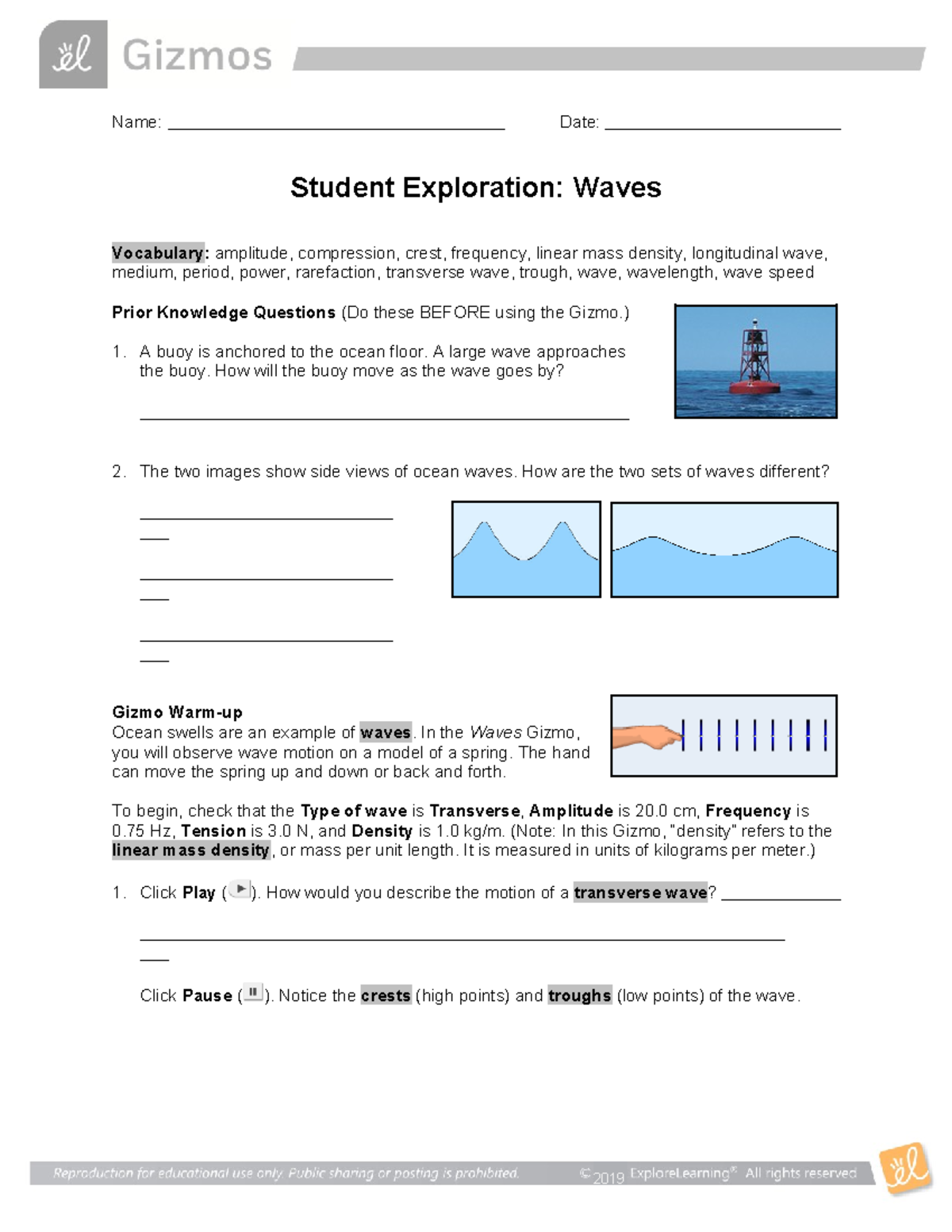 Waves SE - Name: Date: Student Exploration: Waves Vocabulary: amplitude ...