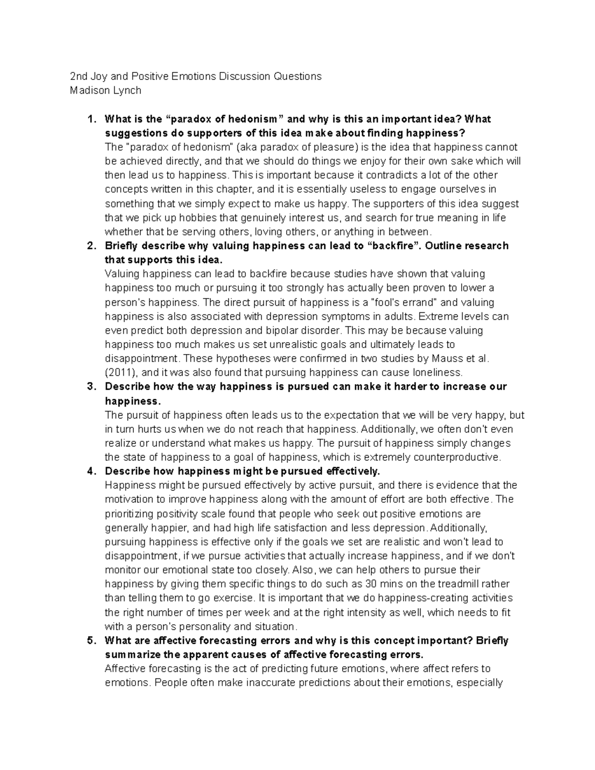 2nd Joy and Positive Emotions Discussion Questions - What is the ...