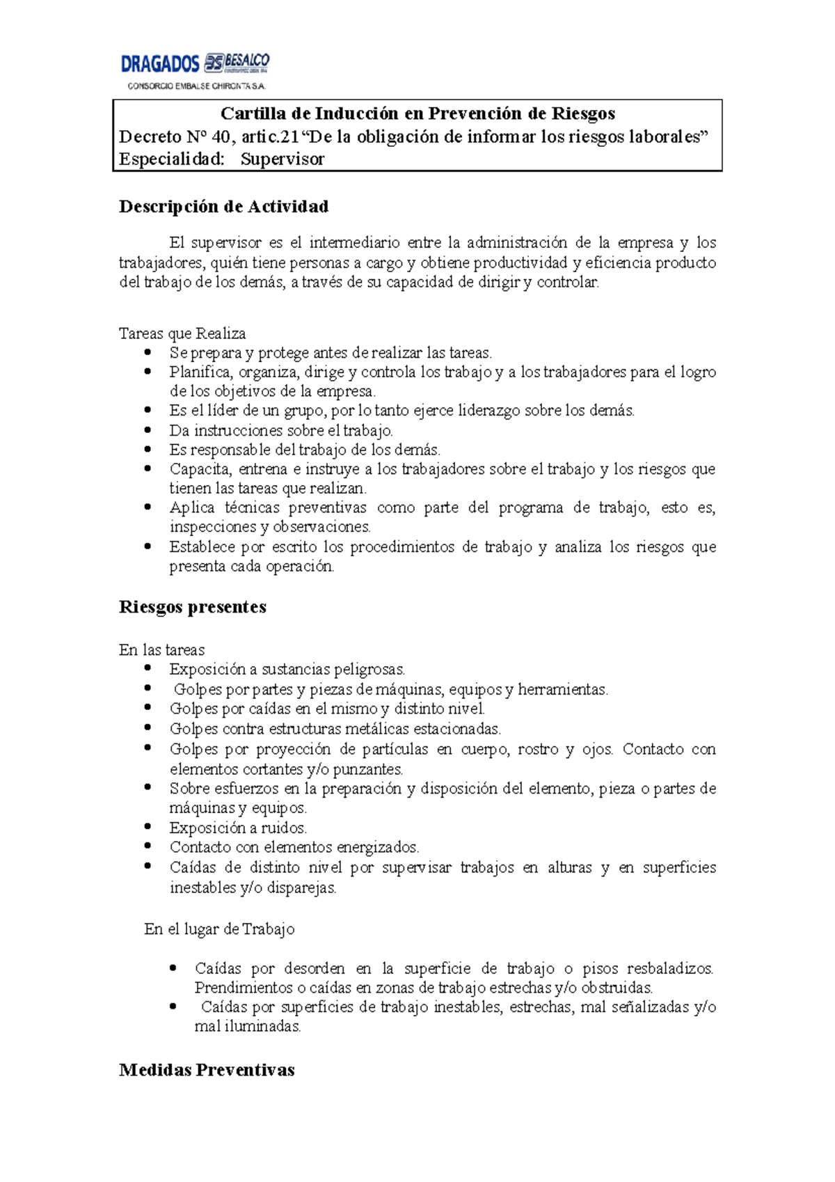 03 Cartilla de Inducción supervisor - Cartilla de Inducción en Prevención de Riesgos Decreto Nº ...