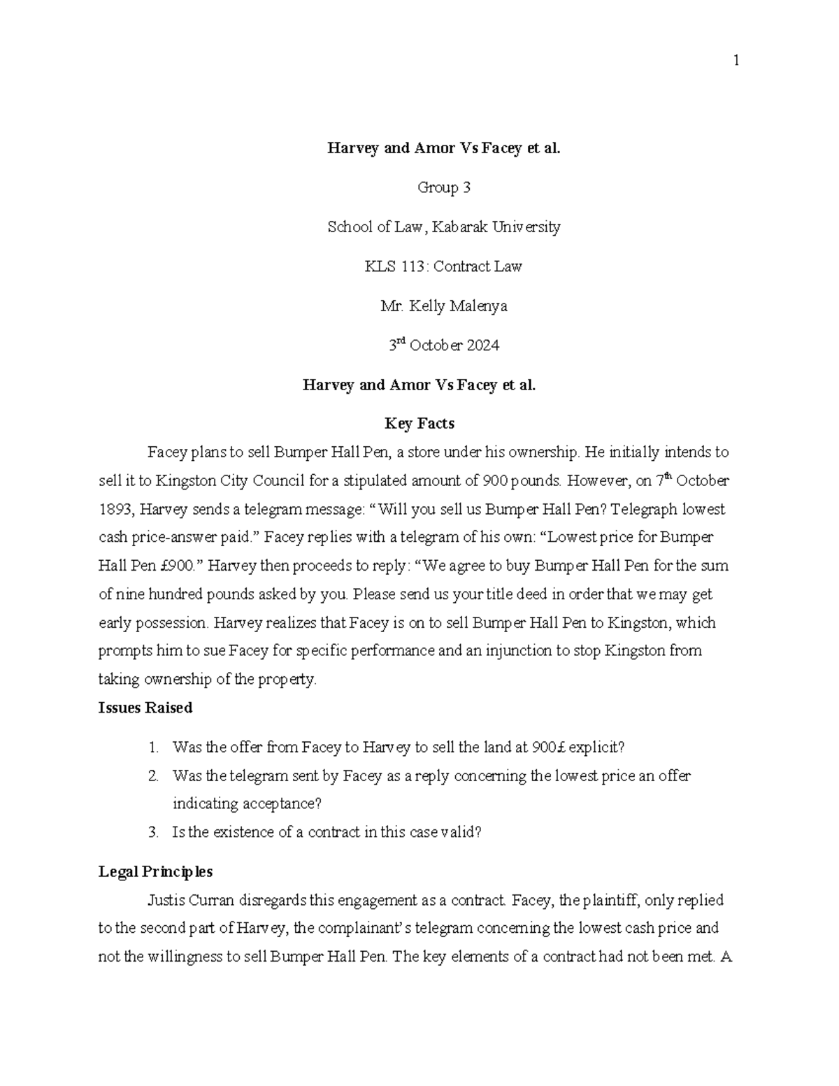 Harvey and Amor Vs Facey et al - Group 3 School of Law, Kabarak ...