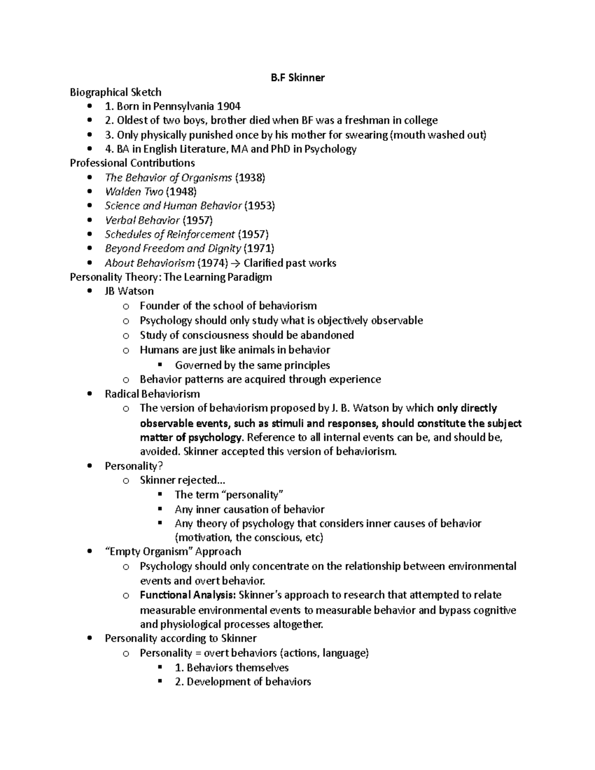 B.F Skinner Notes - B Skinner Biographical Sketch 1. Born in ...