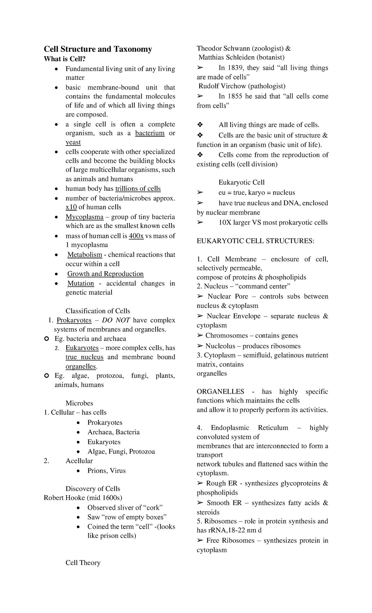 MICP-LEC-Reviewer - Cell Structure and Taxonomy - Cell Structure and Taxonomy What is Cell ...