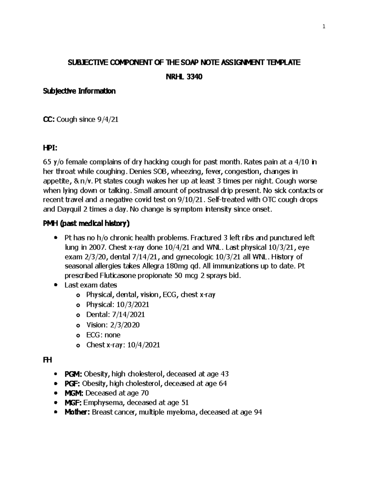 Subjective Component OF THE SOAP NOTE Assignment Template, Updated ...