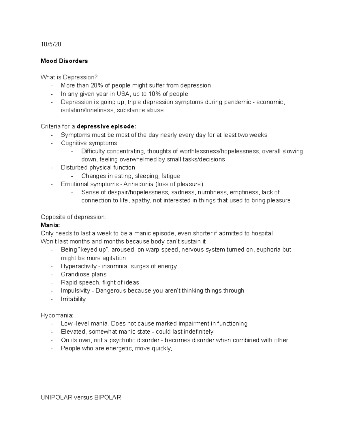 Lecture 10 Mood disorders (10 5) - 10/5/ Mood Disorders What is ...