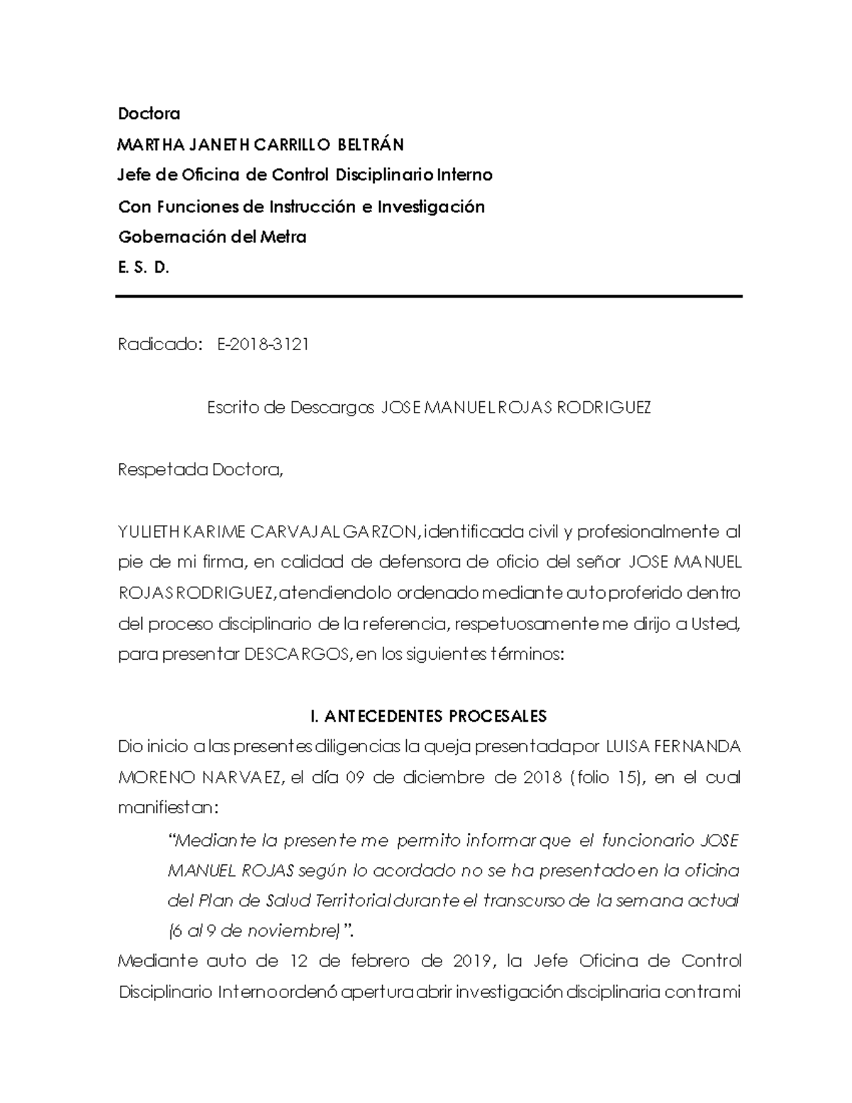 Descargos JOSE Manuel Rojas - Doctora MARTHA JANETH CARRILLO BELTRÁN ...