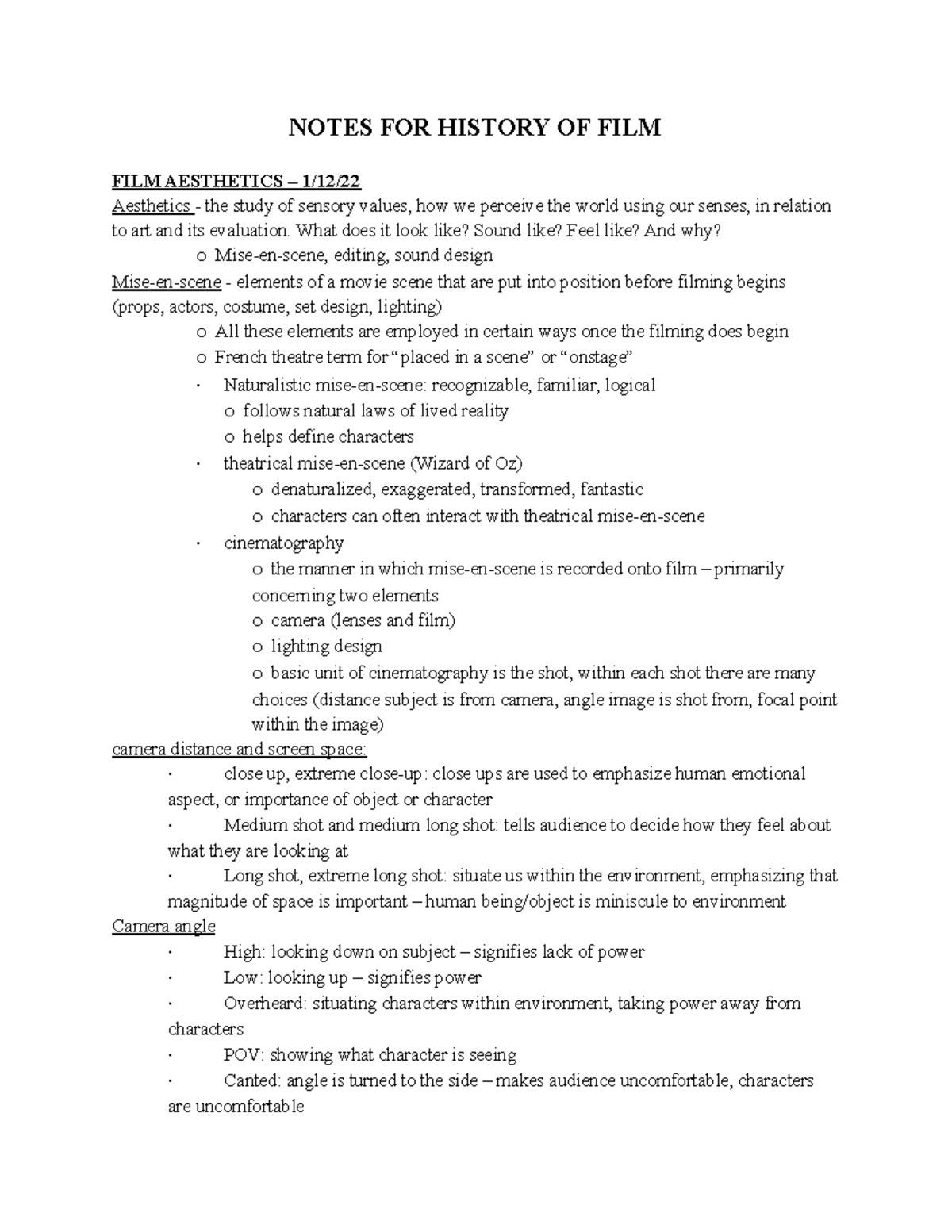 FILM - UNIT 1 - PUSTAY - NOTES FOR HISTORY OF FILM FILM AESTHETICS – 1 ...