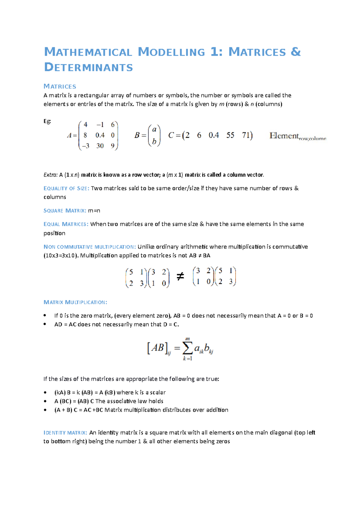 Lecture 1-Matrices & Determinants - MATHEMATICAL MODELLING 1: MATRICES ...