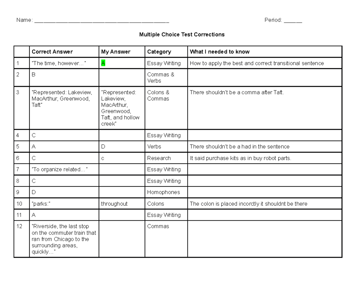 Copy of Writing SOL Multiple Choice Test Corrections - Name: - Studocu