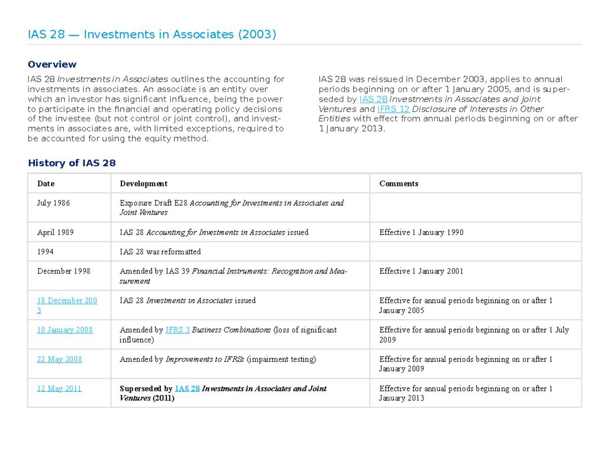 IAS 28 - IAS 28 - Investment in Associates - IAS 28 — Investments in ...