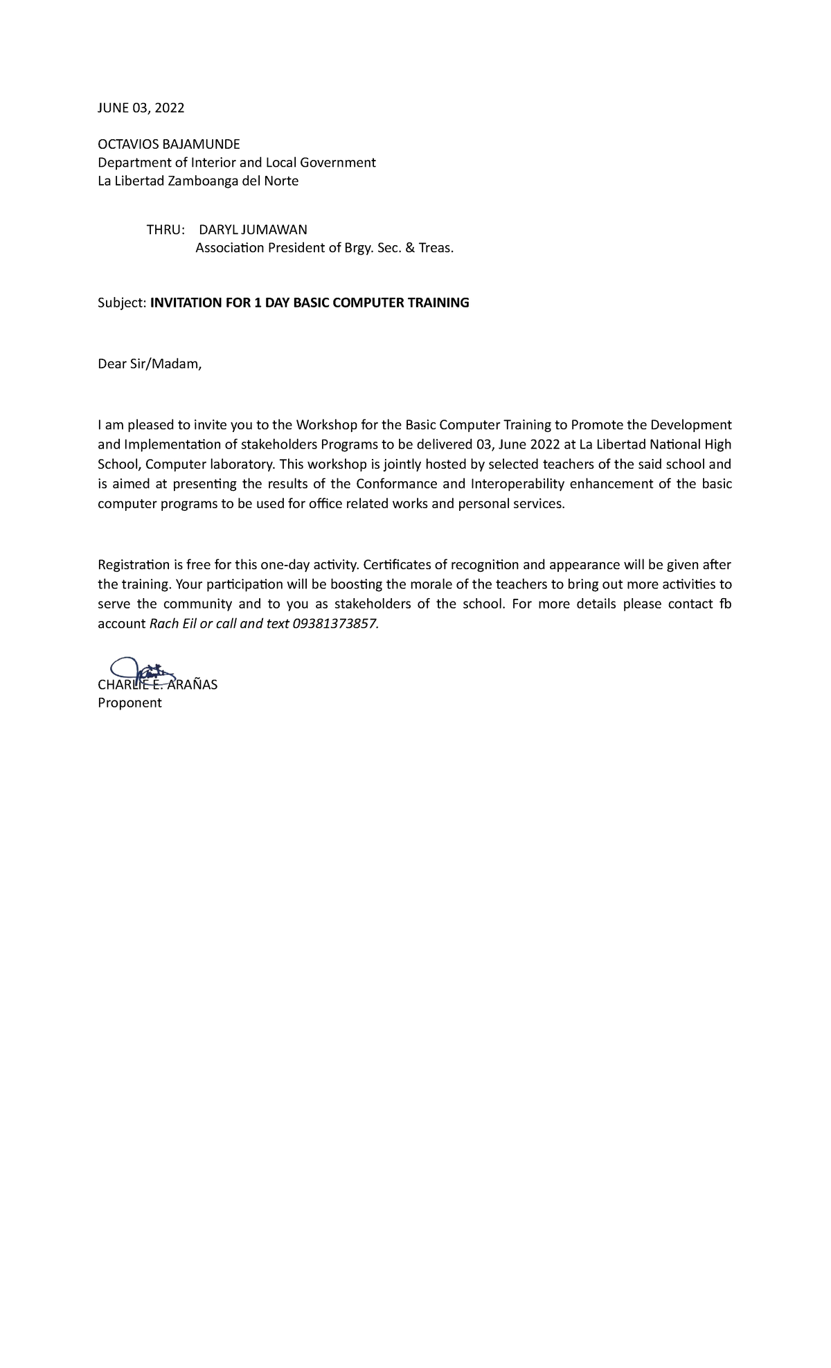 Invitation for training - JUNE 03, 2022 OCTAVIOS BAJAMUNDE Department ...