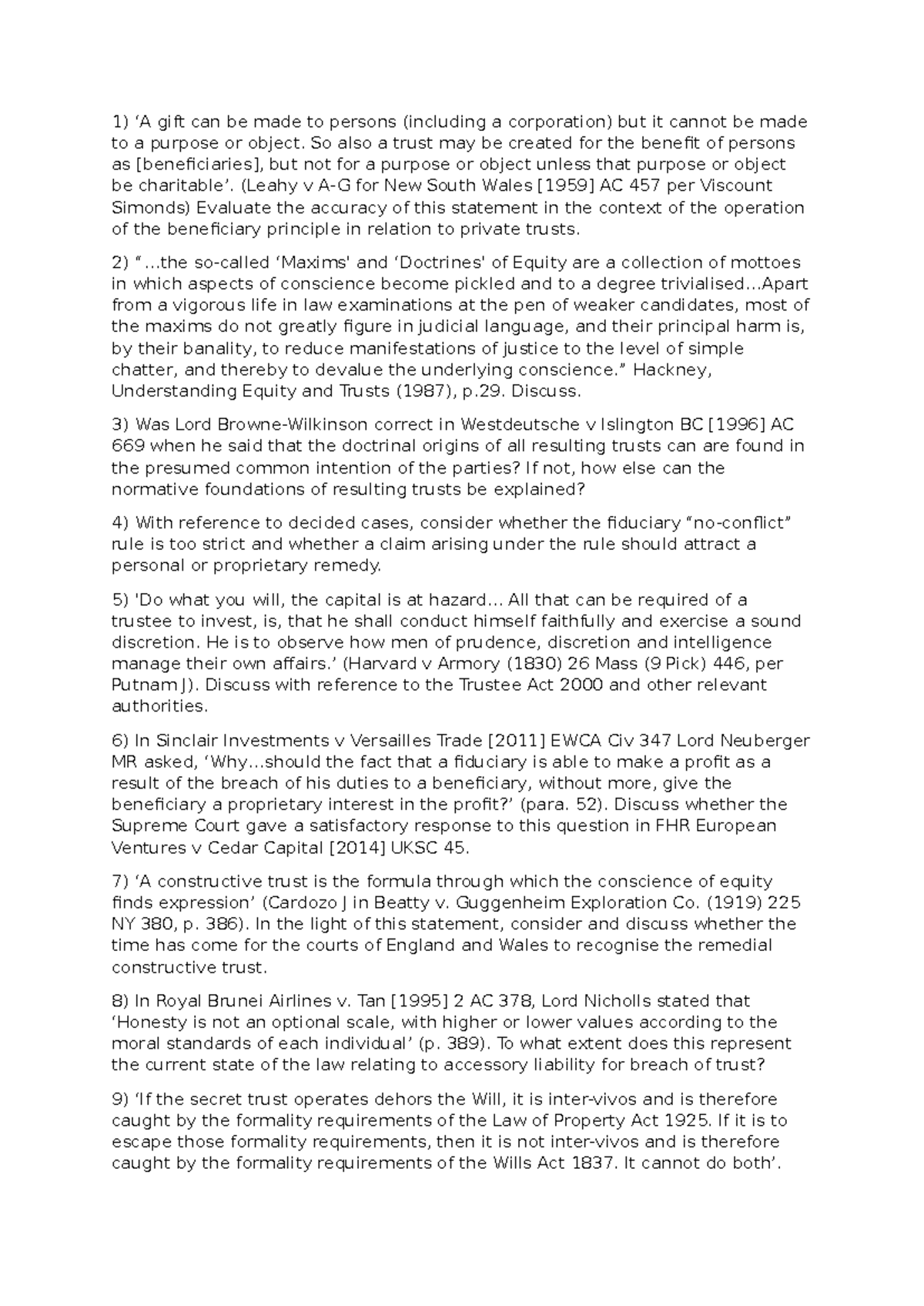 Equity and Trusts Past essay Qs - ‘A gift can be made to persons ...
