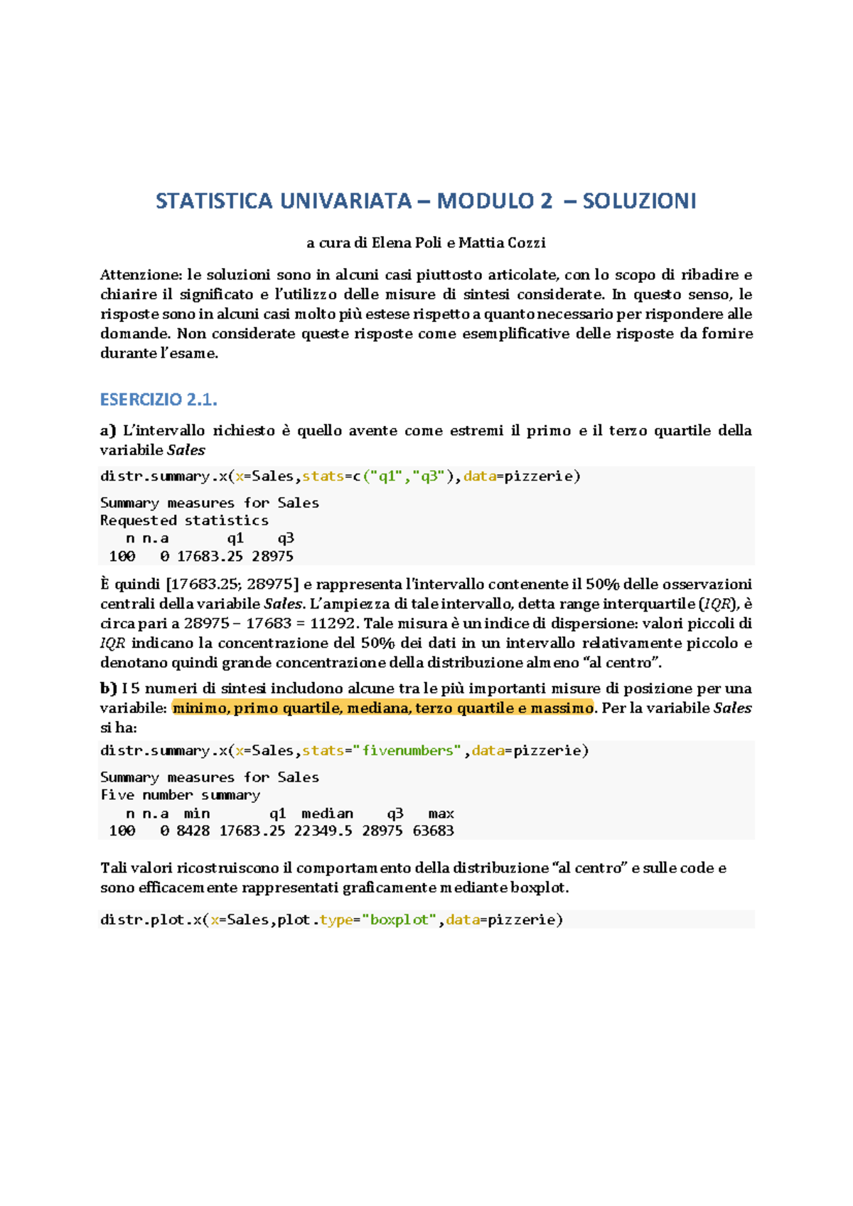 Esercizi per studio autonomo Modulo 2 Soluzione - STATISTICA UNIVARIATA – MODULO 2 – SOLUZIONI a ...