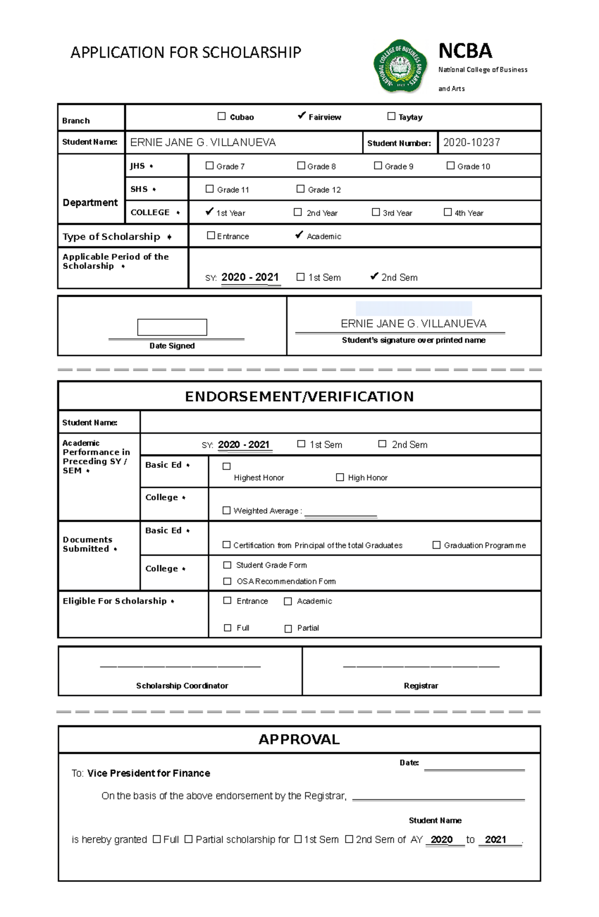 NCBA-Scholarships Application Form Sy 202 1 - APPLICATION FOR ...