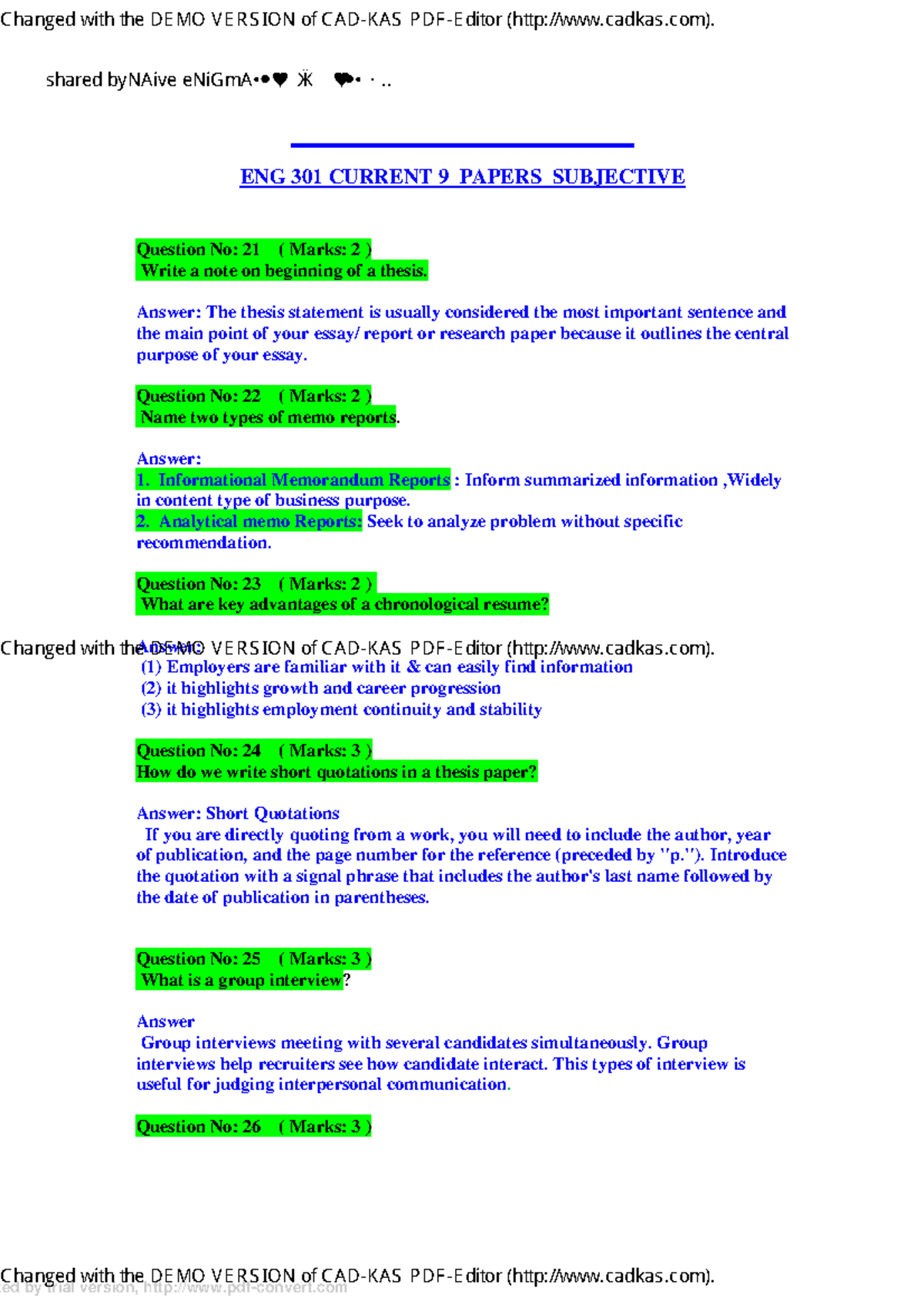 Eng301currentpaperssubjectiveinonefile - Created by trial version, pdf ...