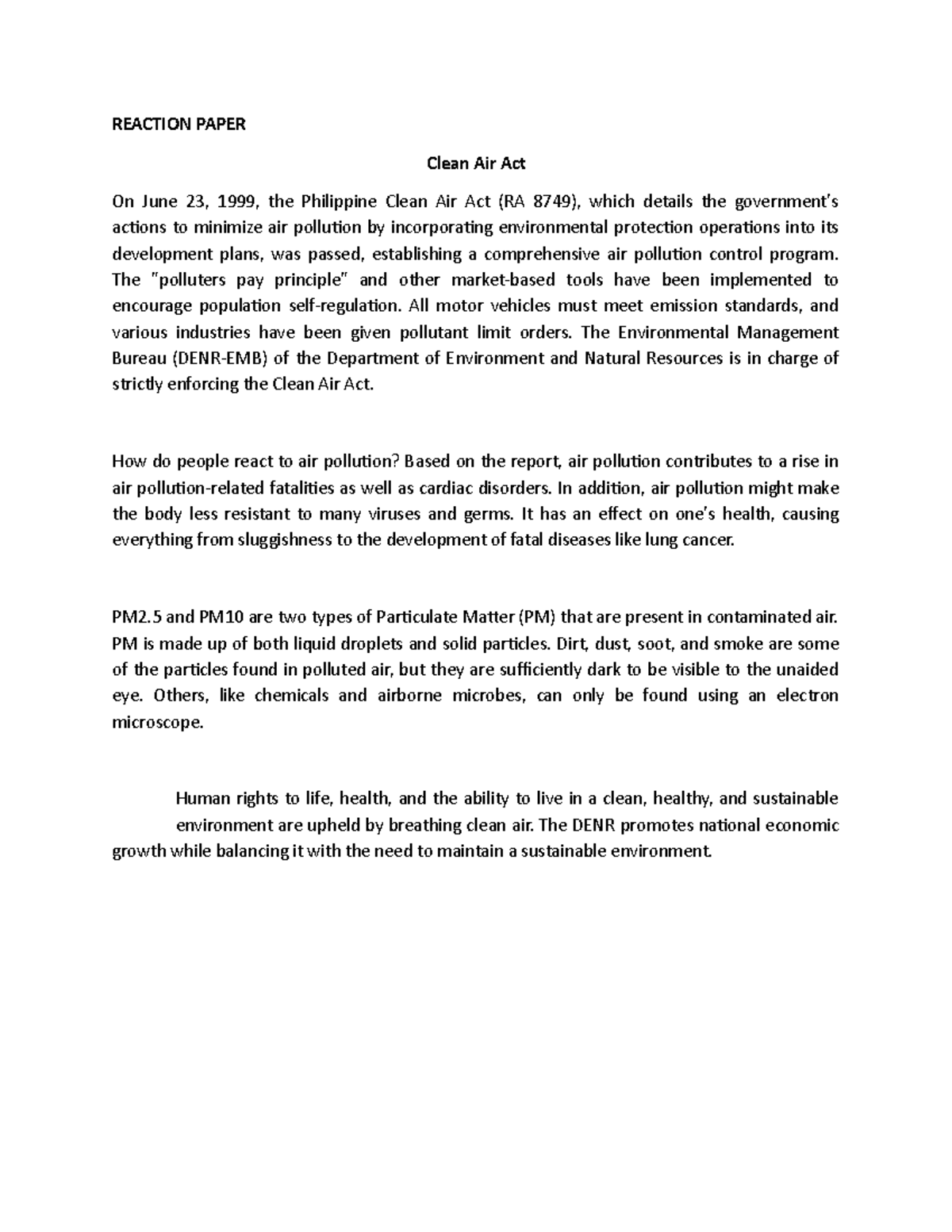 Reaction Paper - Clean Air Act - REACTION PAPER Clean Air Act On June ...