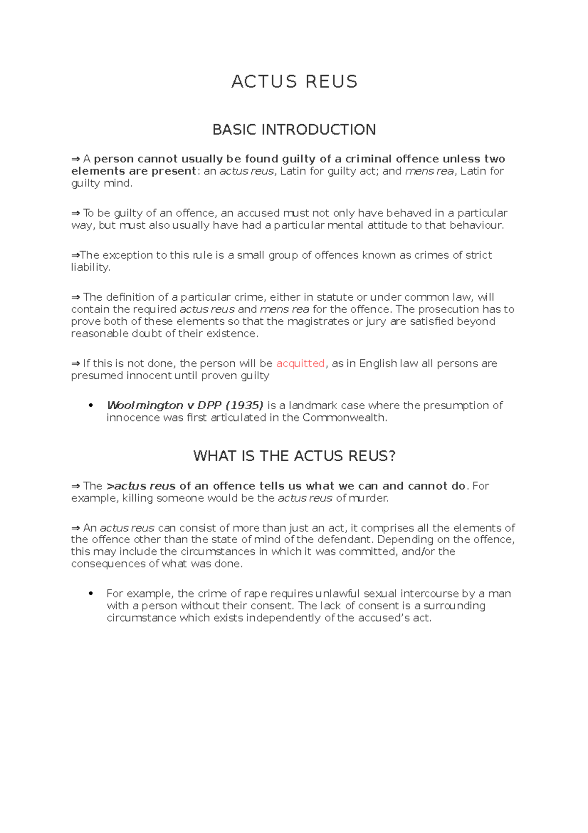 Actus REUS - cycle 1 - ACTUS REUS BASIC INTRODUCTION ⇒ A person cannot ...