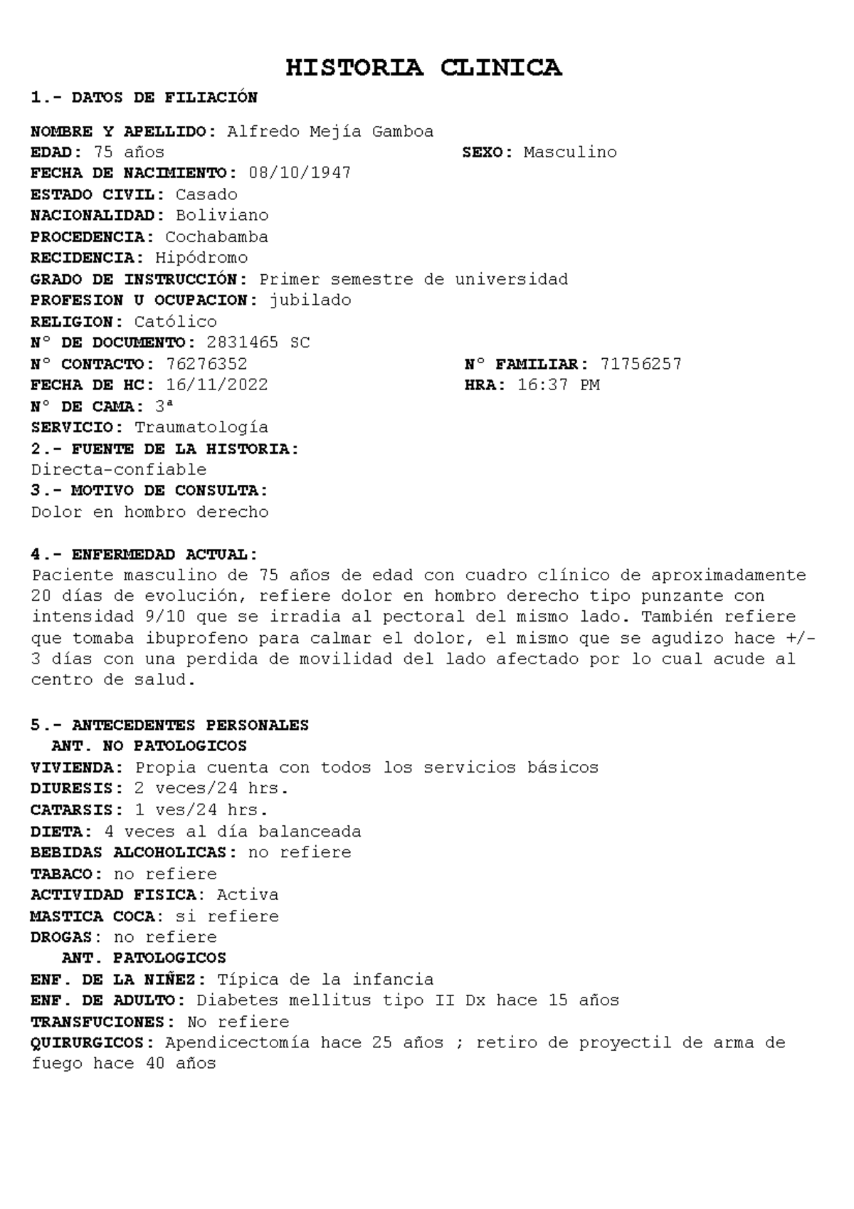 Historia Clinica TQ - revision a oaciente postquirurgico - HISTORIA ...