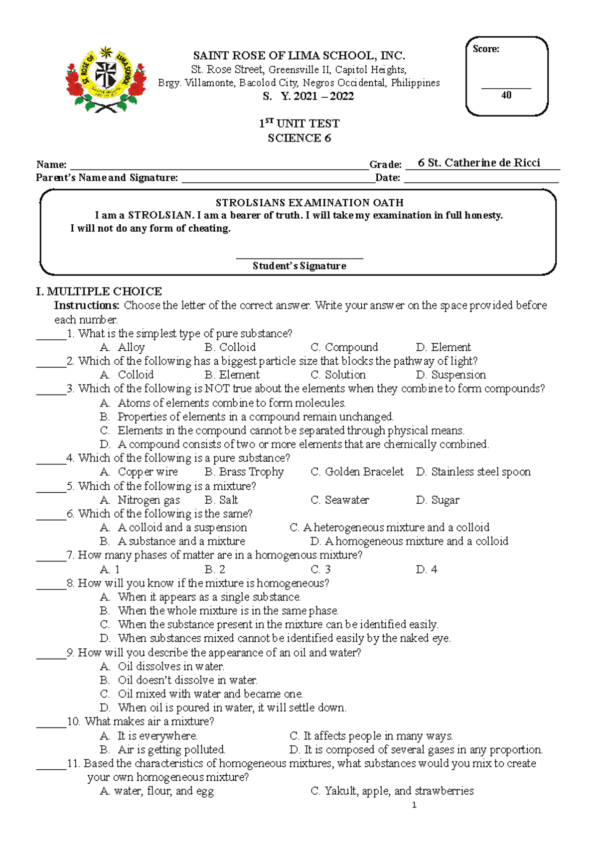 Science 6 First Unit Test - SAINT ROSE OF LIMA SCHOOL, INC. St. Rose ...