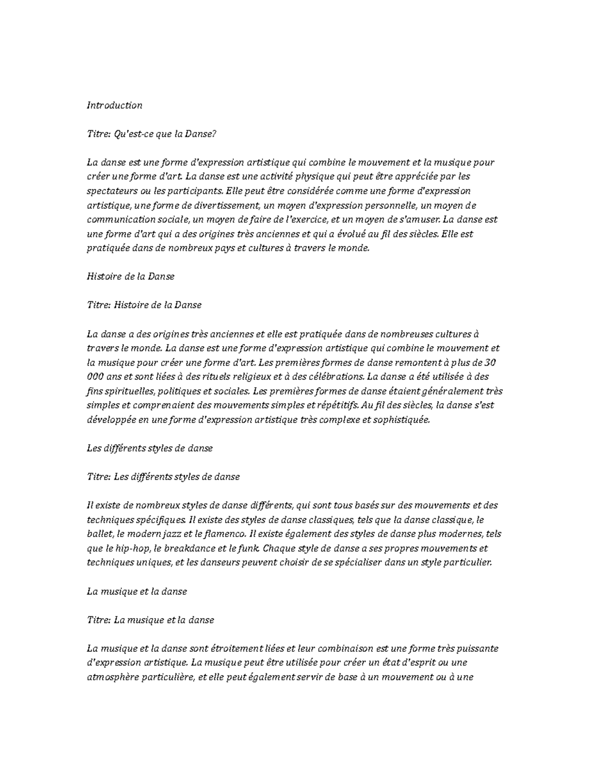Dance Notes de cours - Introduction Titre: Qu'est-ce que la Danse? La ...