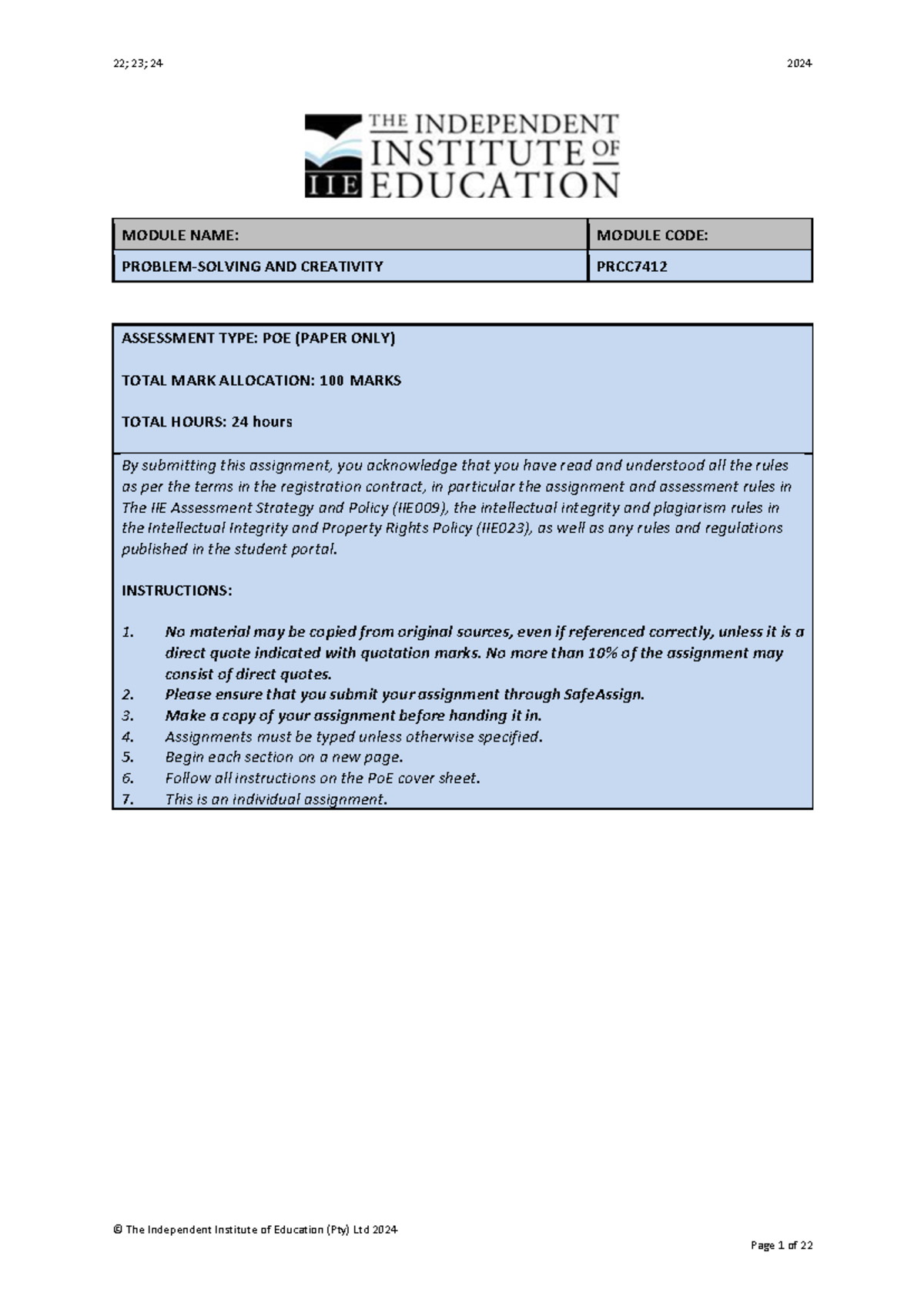 PRCC7412 POE - POE - © The Independent Institute of Education (Pty) Ltd ...