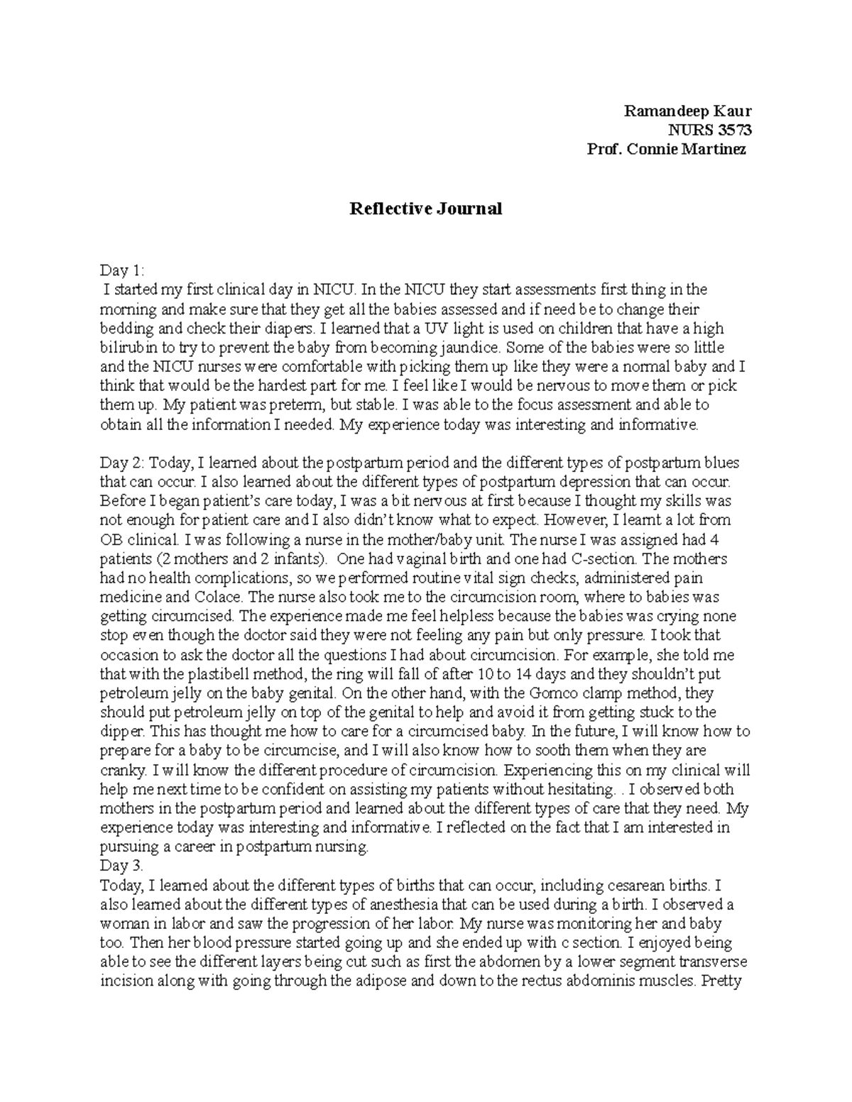 creative reflection for ob - Ramandeep Kaur NURS 3573 Prof. Connie ...