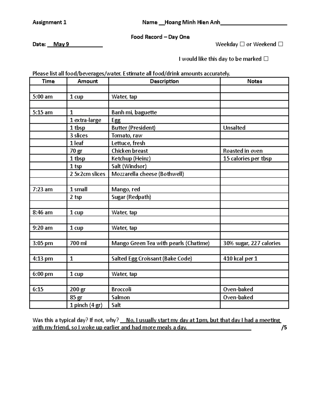 Assignment 1 - Food Record – Day One Date: May 9_________ Weekday ☐ or ...