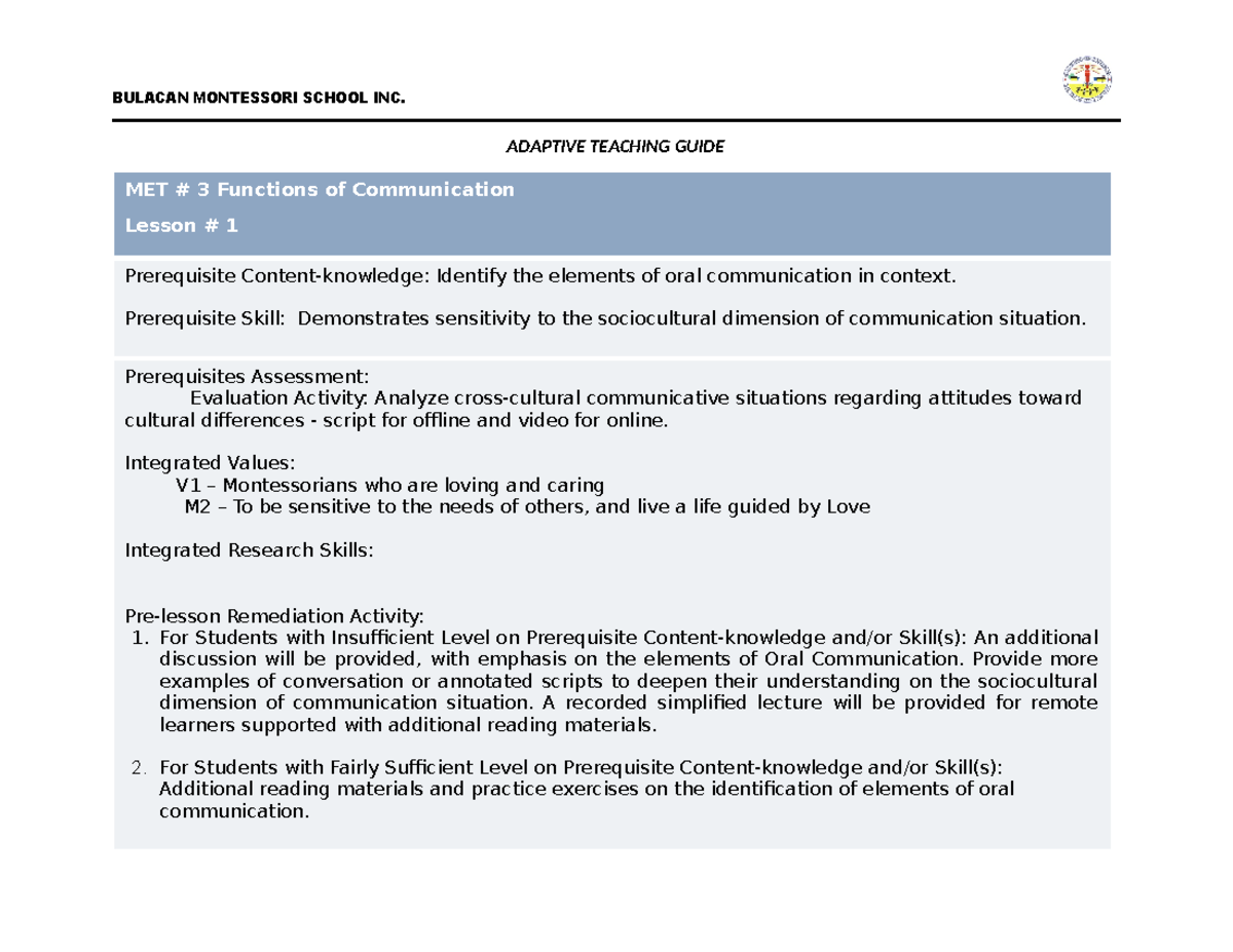 Adaptive Teaching Guide - ADAPTIVE TEACHING GUIDE MET # 3 Functions of ...
