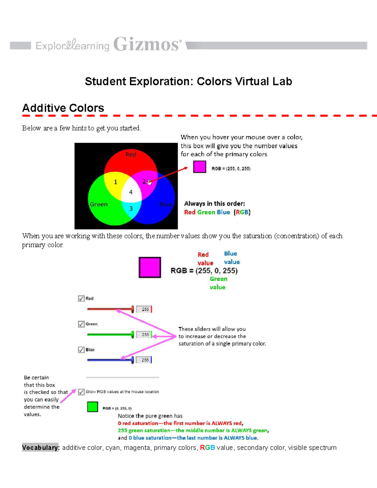 Copy of Colors Virtual Labsheet - Student Exploration: Colors Virtual ...