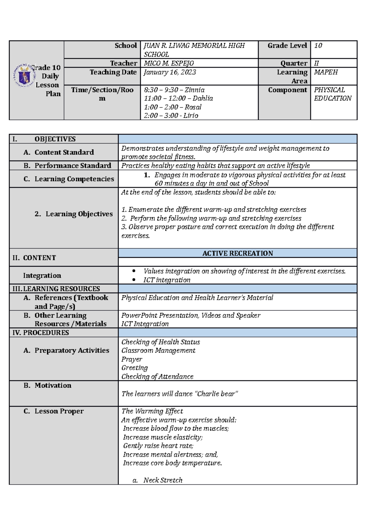 Recreational - Lesson plan - Grade 10 Daily Lesson Plan School JUAN R ...