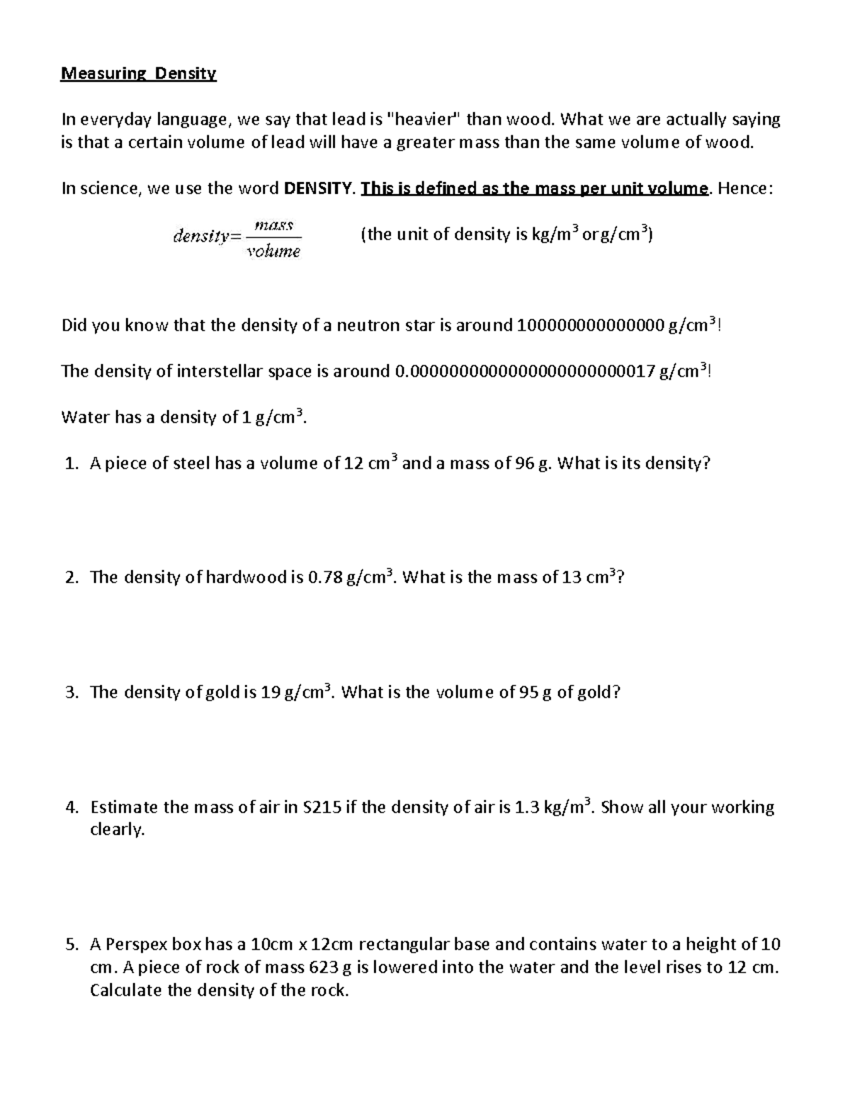 1.1 measuring density - Science 9 - Measuring Density In everyday ...