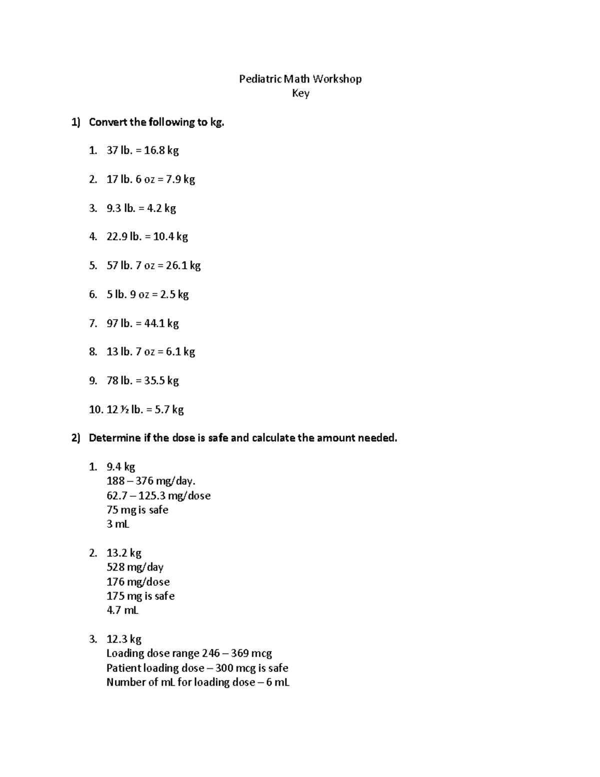 Pediatric Math Workshop - Key - Pediatric Math Workshop Key 1) Convert ...