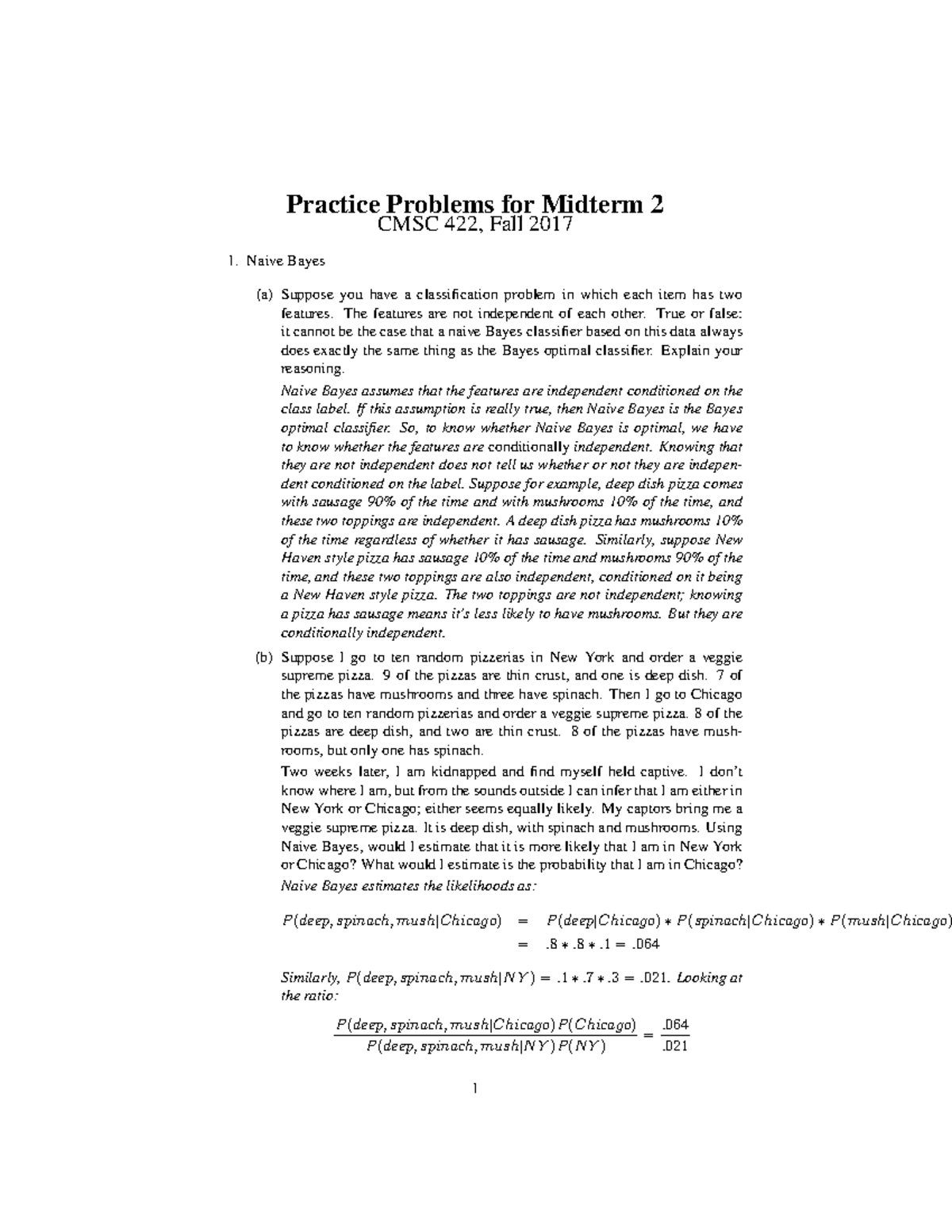 CMSC422 fall2017 Practice Problems Midterm 2With Answers - Practice Problems for Midterm 2 CMSC ...