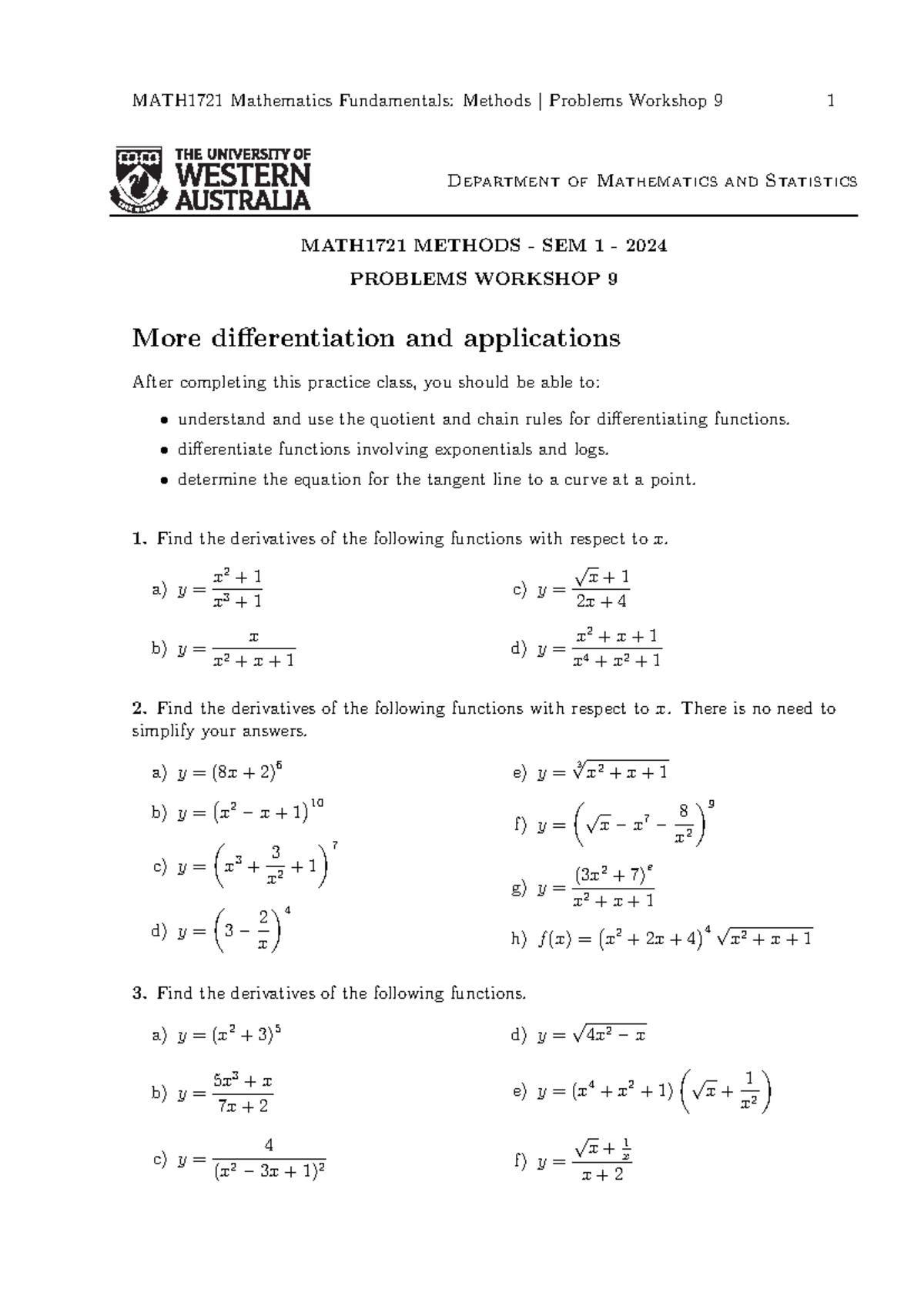 MATH1721 2024 Workshop 9 Problems - Department of Mathematics and ...