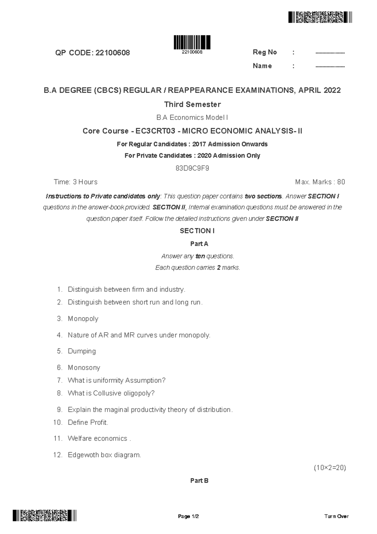 22100608 - Previous Question paper - QP CODE: 22100608 Reg No : ..................... Name ...