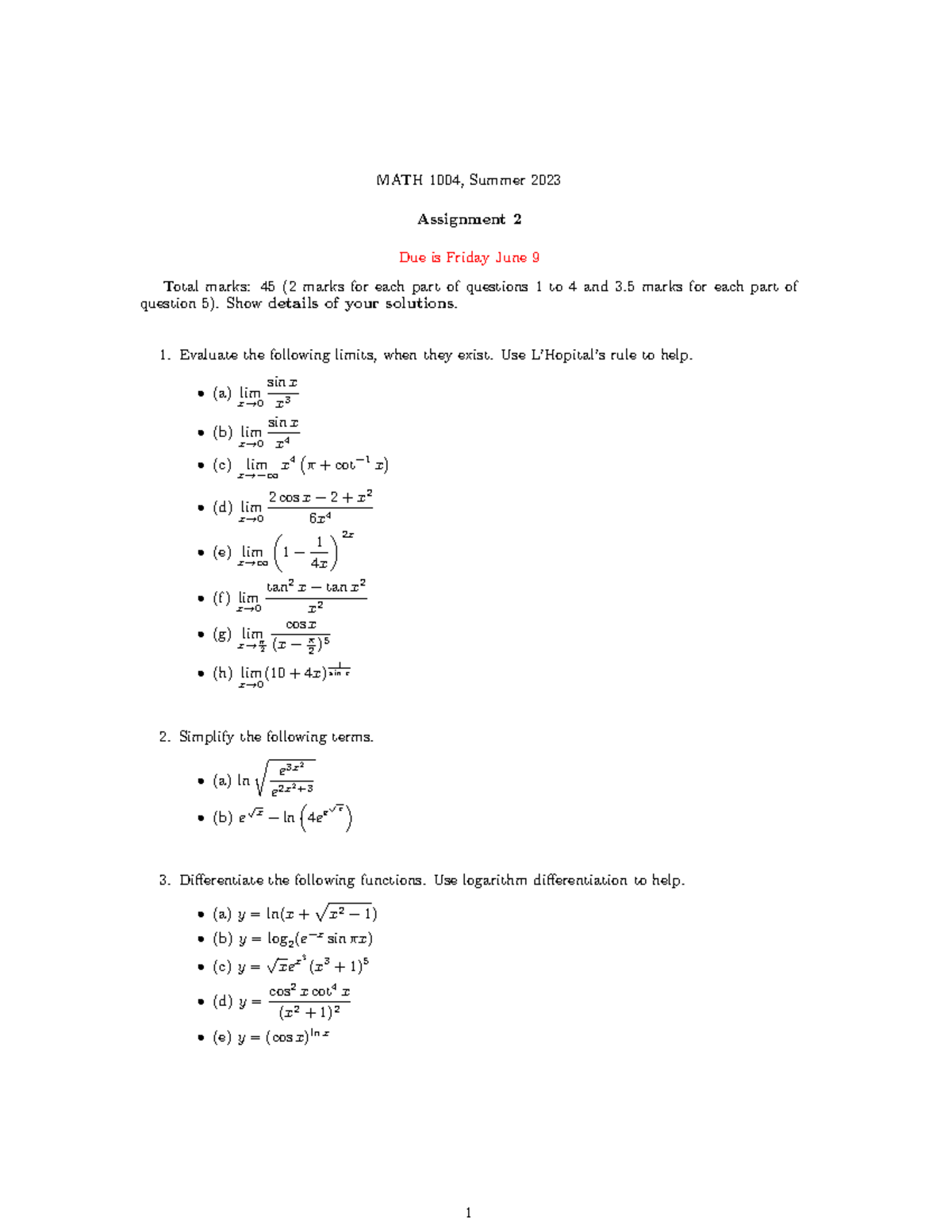 Assignment-2 - notes - MATH 1004, Summer 2023 Assignment 2 Due is ...