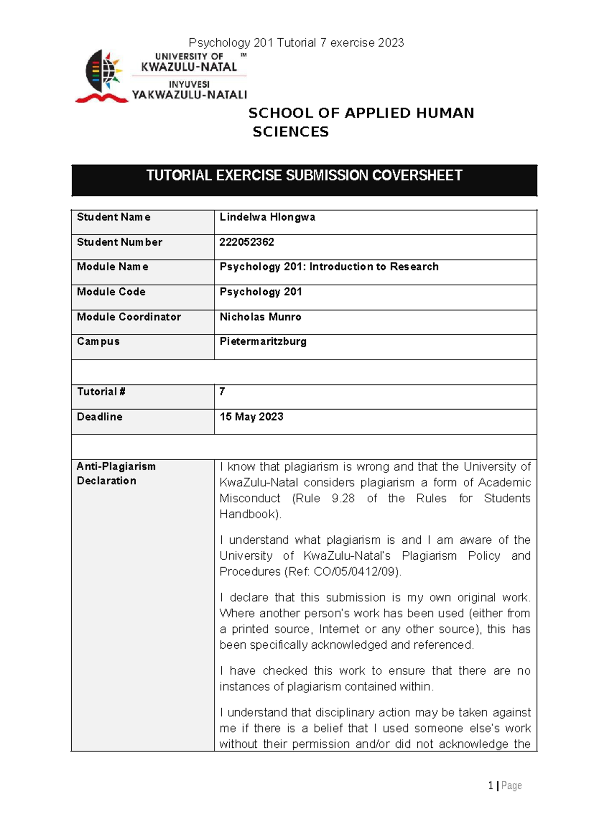 Psych 201 2023 Tut 7 Exercise final - SCHOOL OF APPLIED HUMAN SCIENCES ...