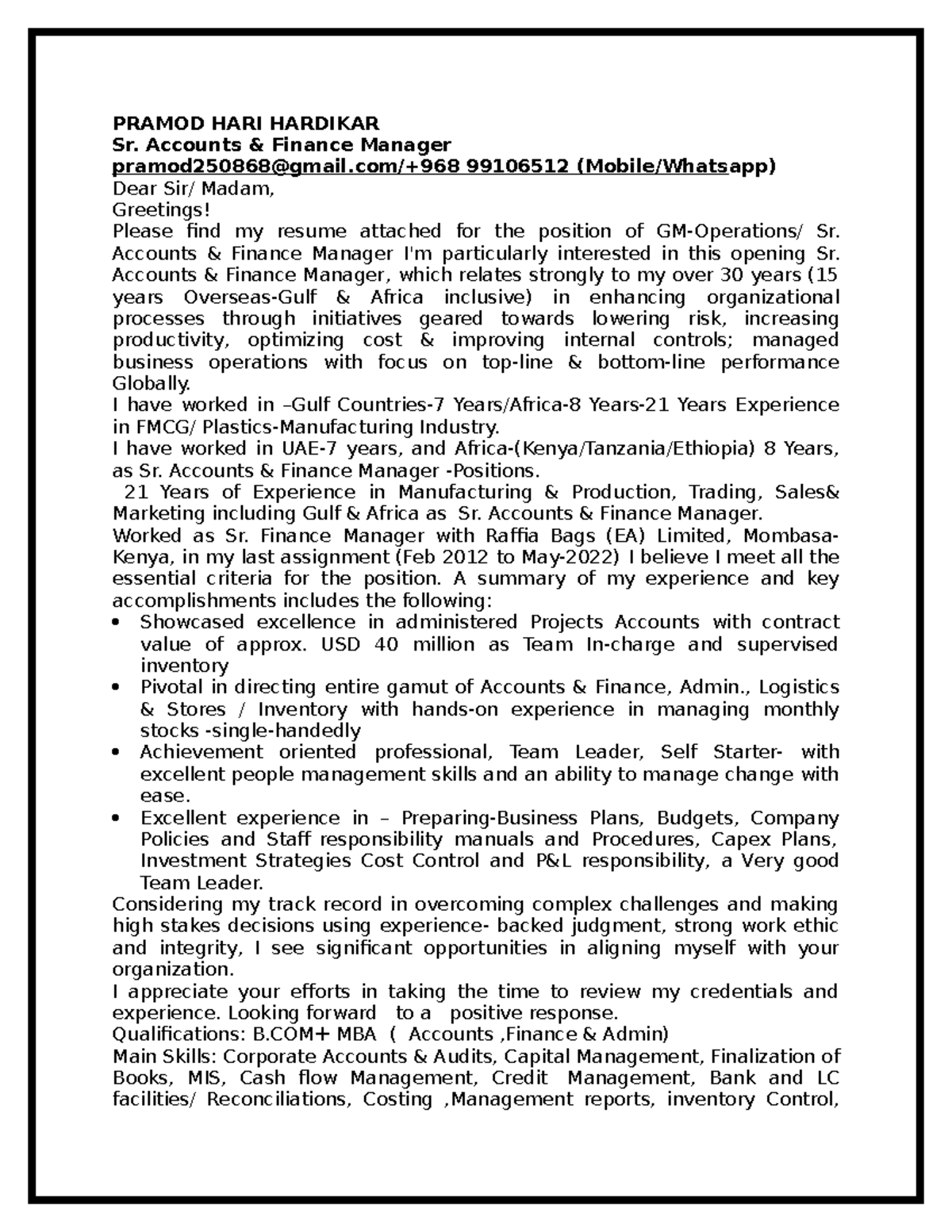 Covering letter For CV - ENGINEERING - PRAMOD HARI HARDIKAR Sr ...