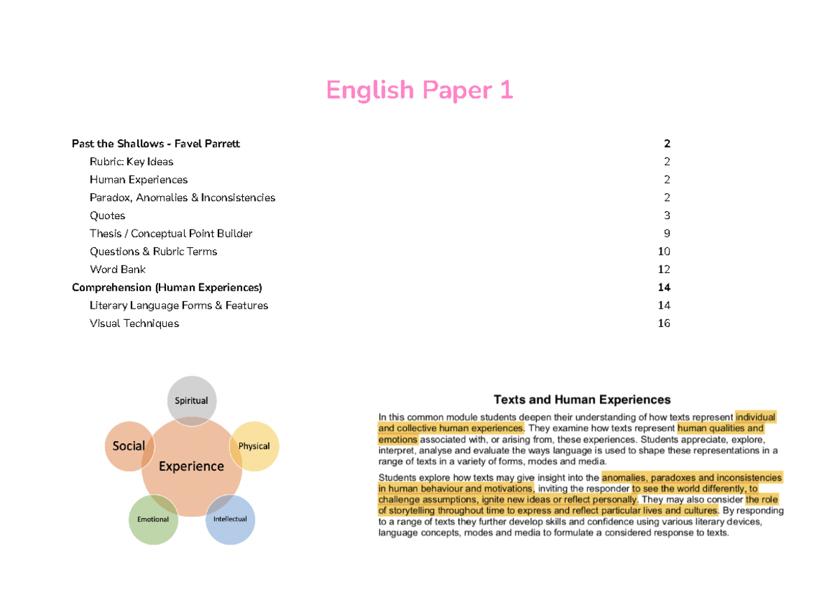 English Paper 1 HSC Study Guide - English Paper Past the Shallows ...
