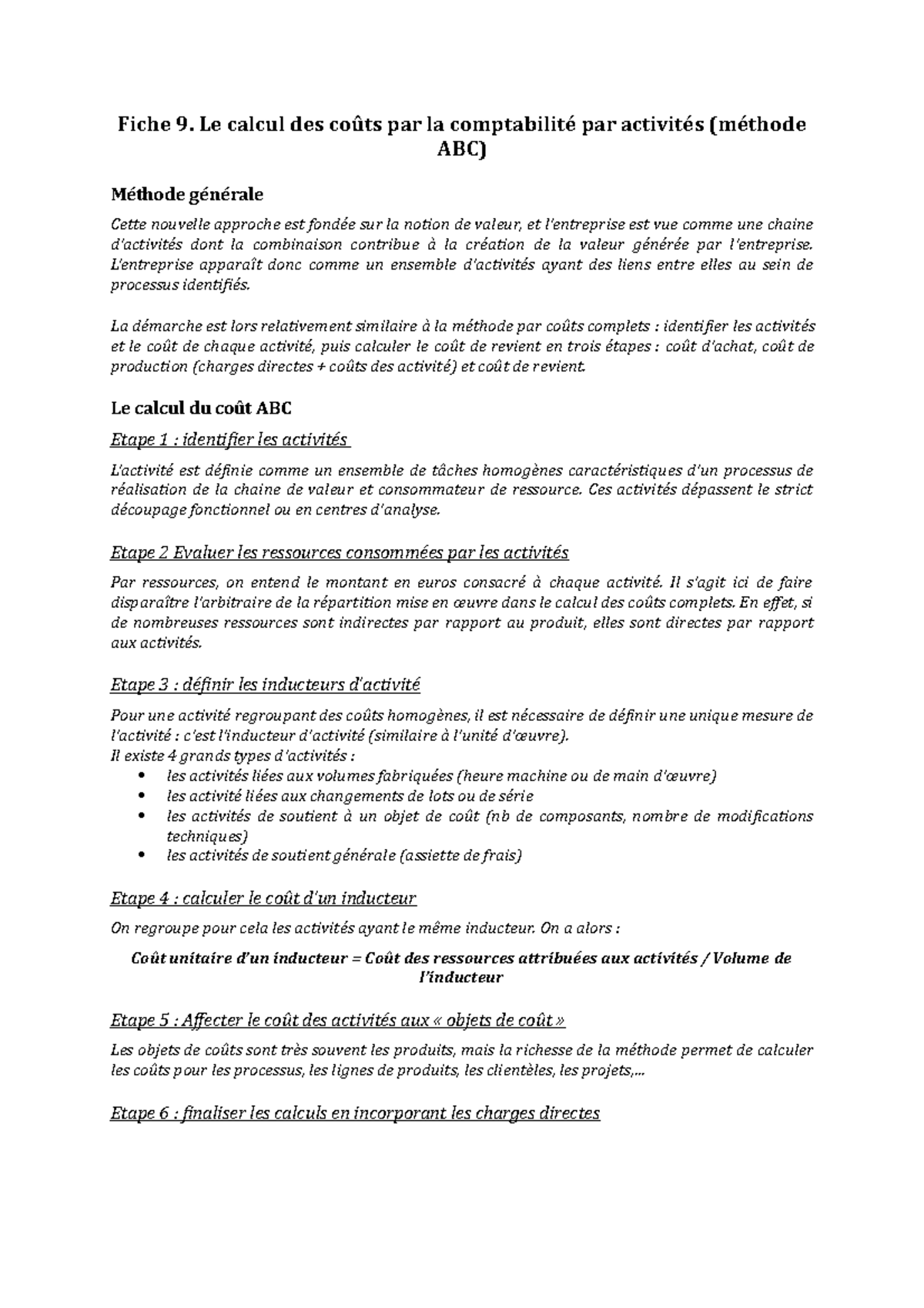 Methode ABC - Fiche 9. Le calcul des coûts par la comptabilité par ...