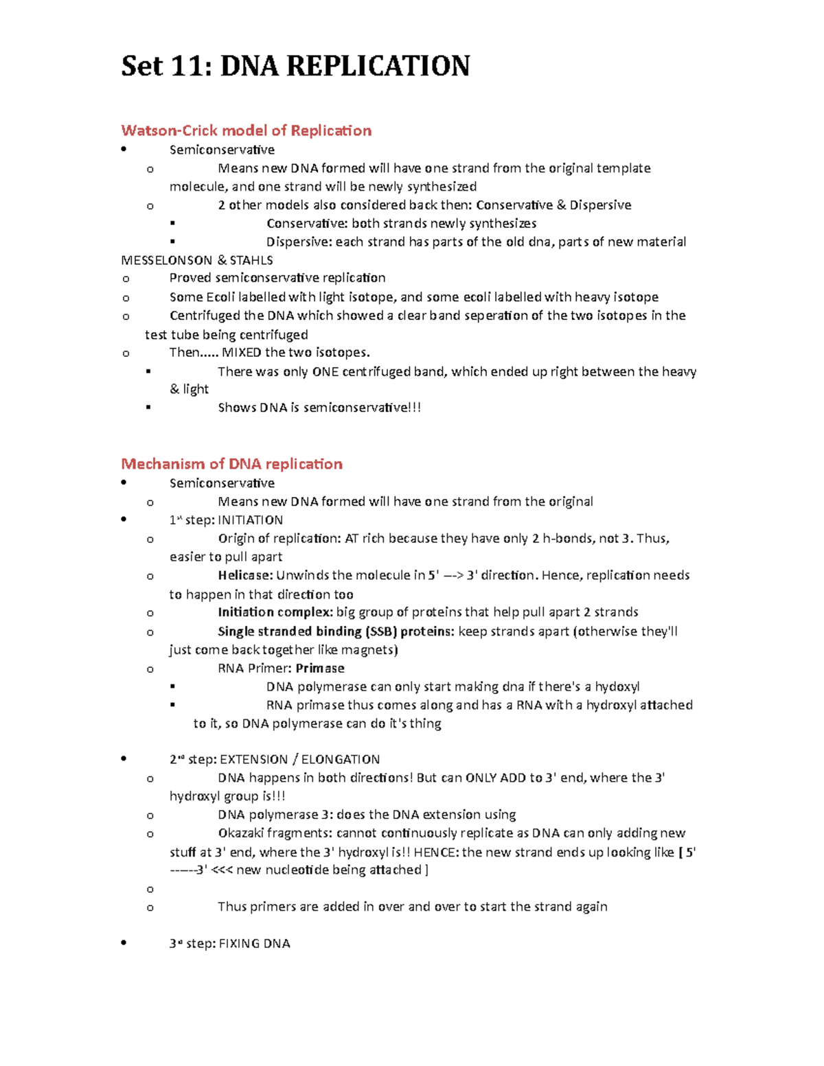 Set 11: DNA replication NOTES - Set 11: DNA REPLICATION model of ...