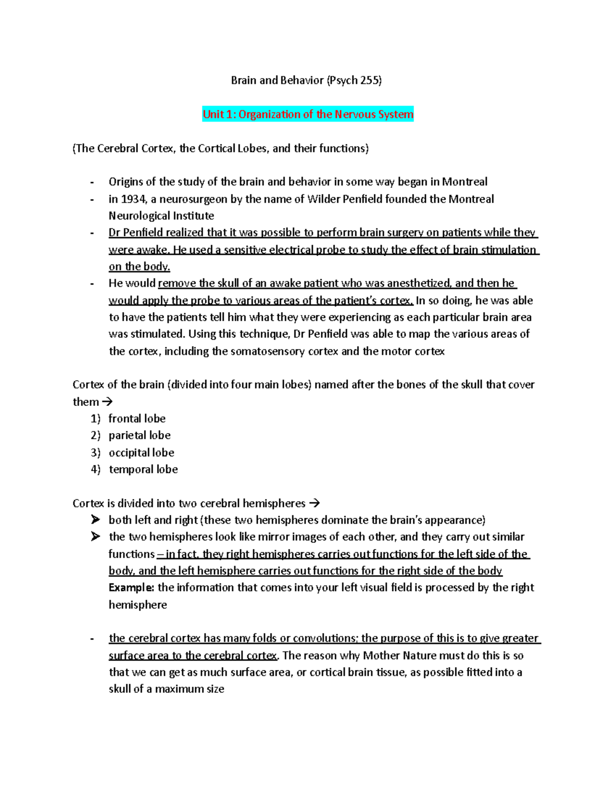 Psych 255 - (All units) - Brain and Behavior (Psych 255) Unit 1 ...