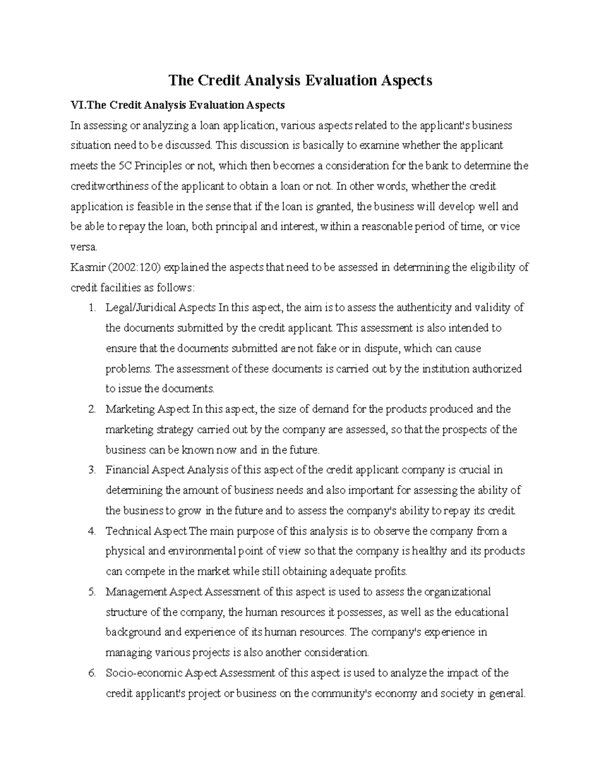 The Credit Analysis Evaluation Aspects - This discussion is basically ...