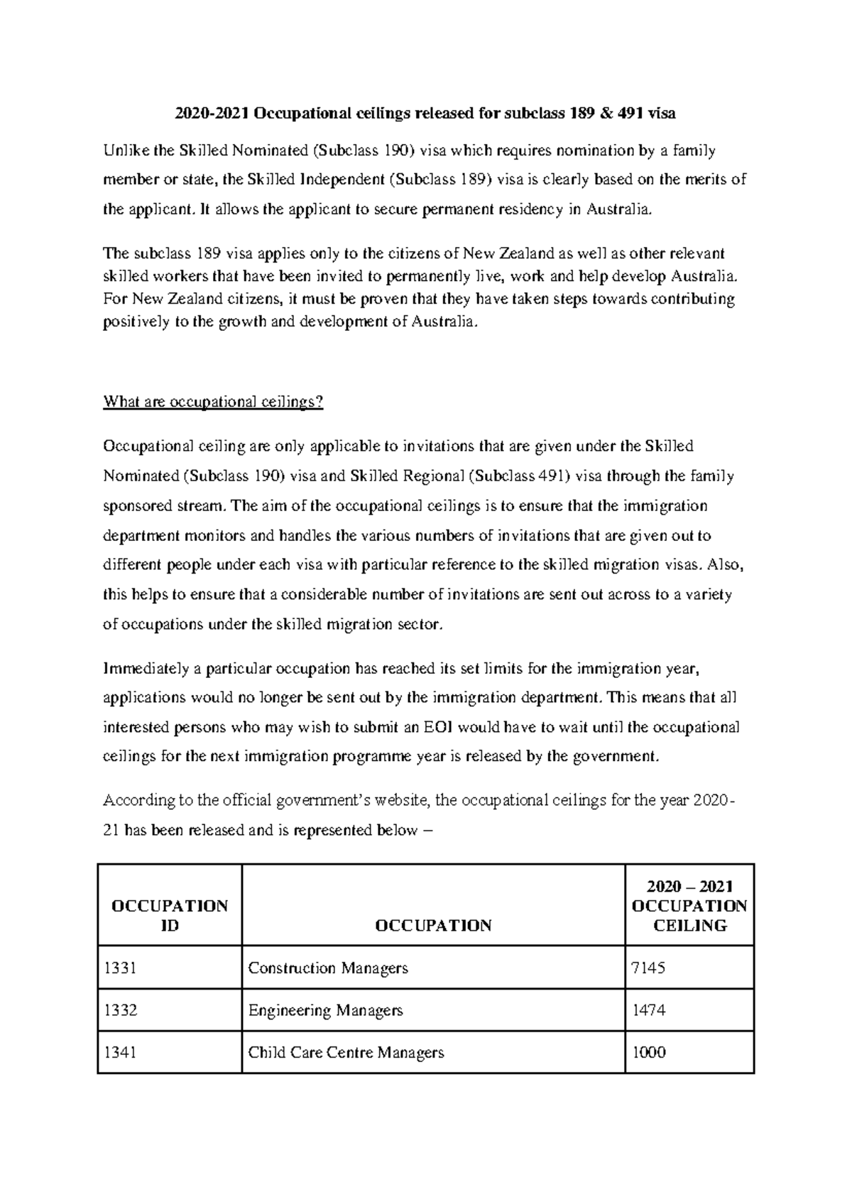 Occupational ceilings - It allows the applicant to secure permanent ...