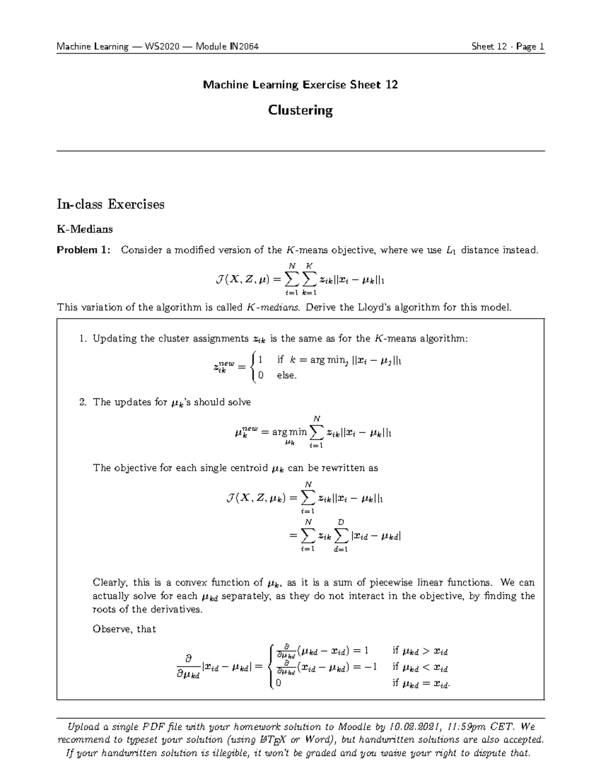 Exercise solution inclass 12 clustering - Machine Learning Exercise Sheet 12 Clustering In-class ...
