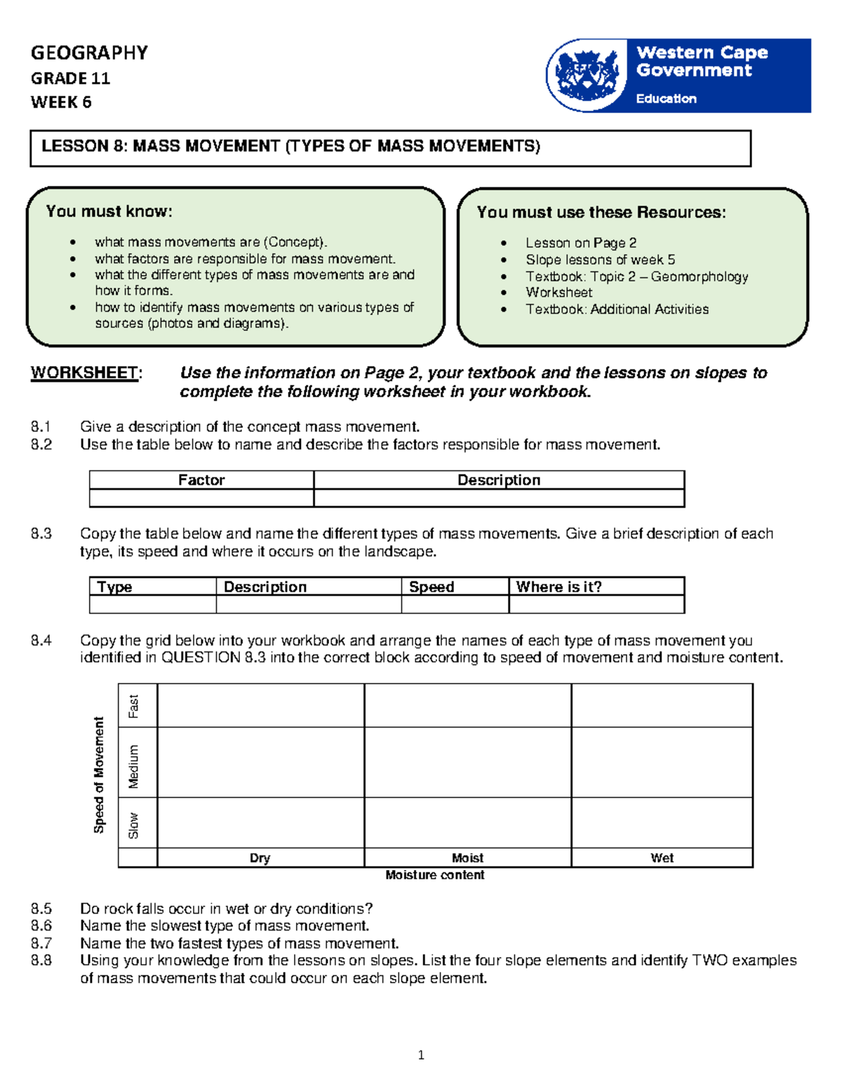 Grade 11 WEEK 6 Lessons 8&9 MASS Movements - GEOGRAPHY GRADE 11 WEEK 6 ...