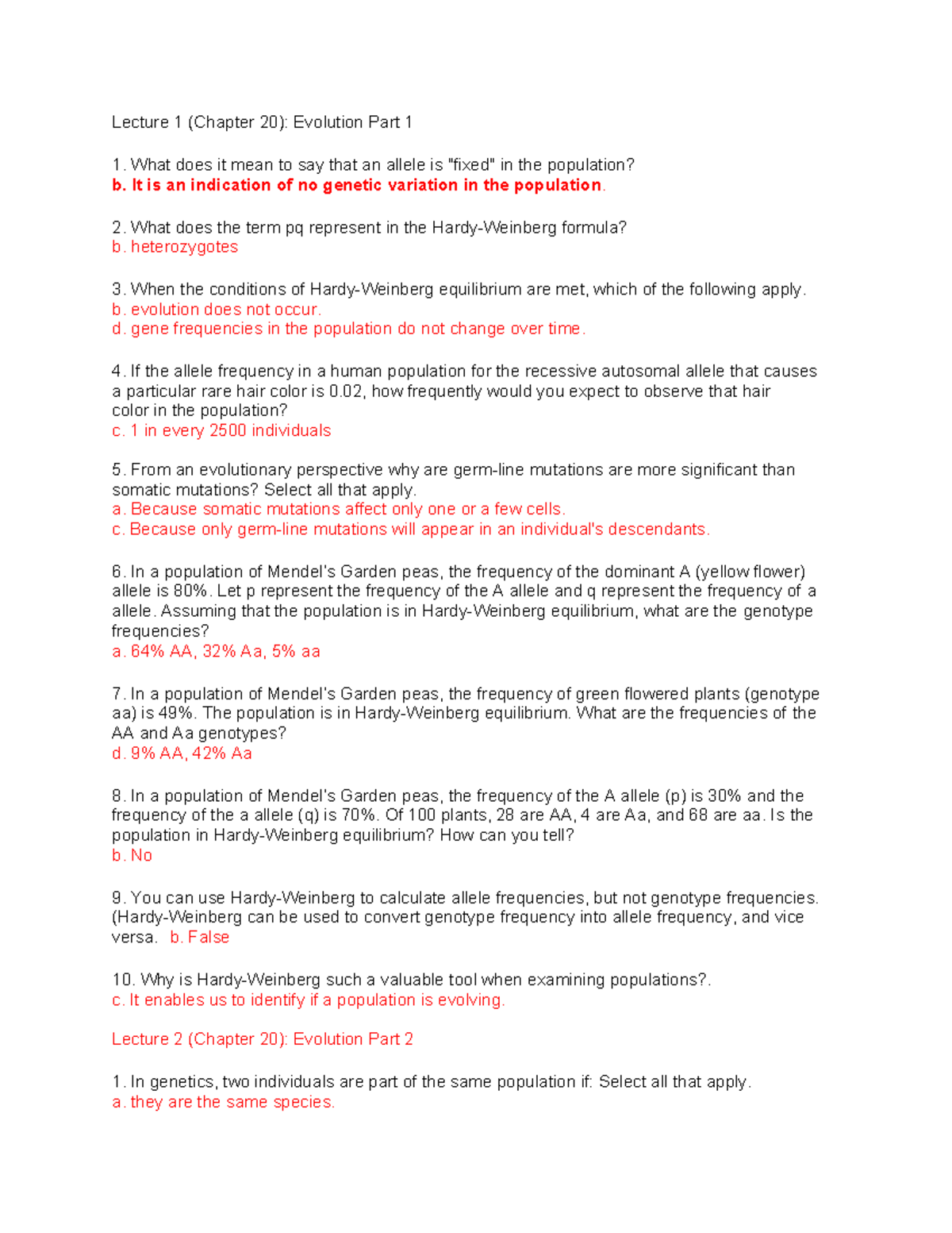 Bio Question 1 11 - Lecture 1 (Chapter 20): Evolution Part 1 What does ...